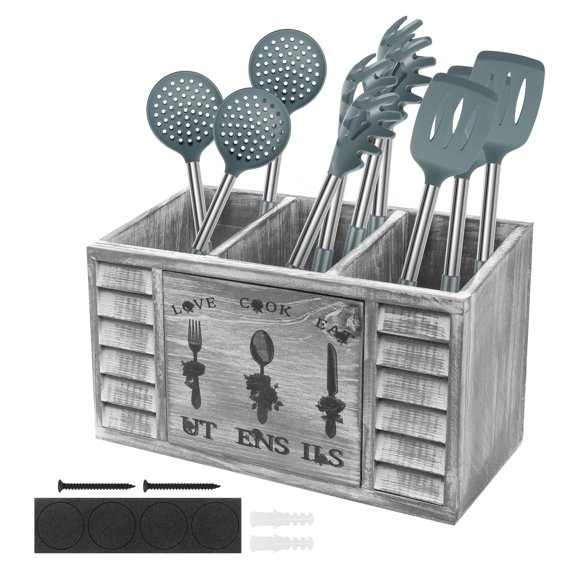 FKSZLL Wooden Utensil Holder Kitchen Cooking Utensil Organizer with 3 ...