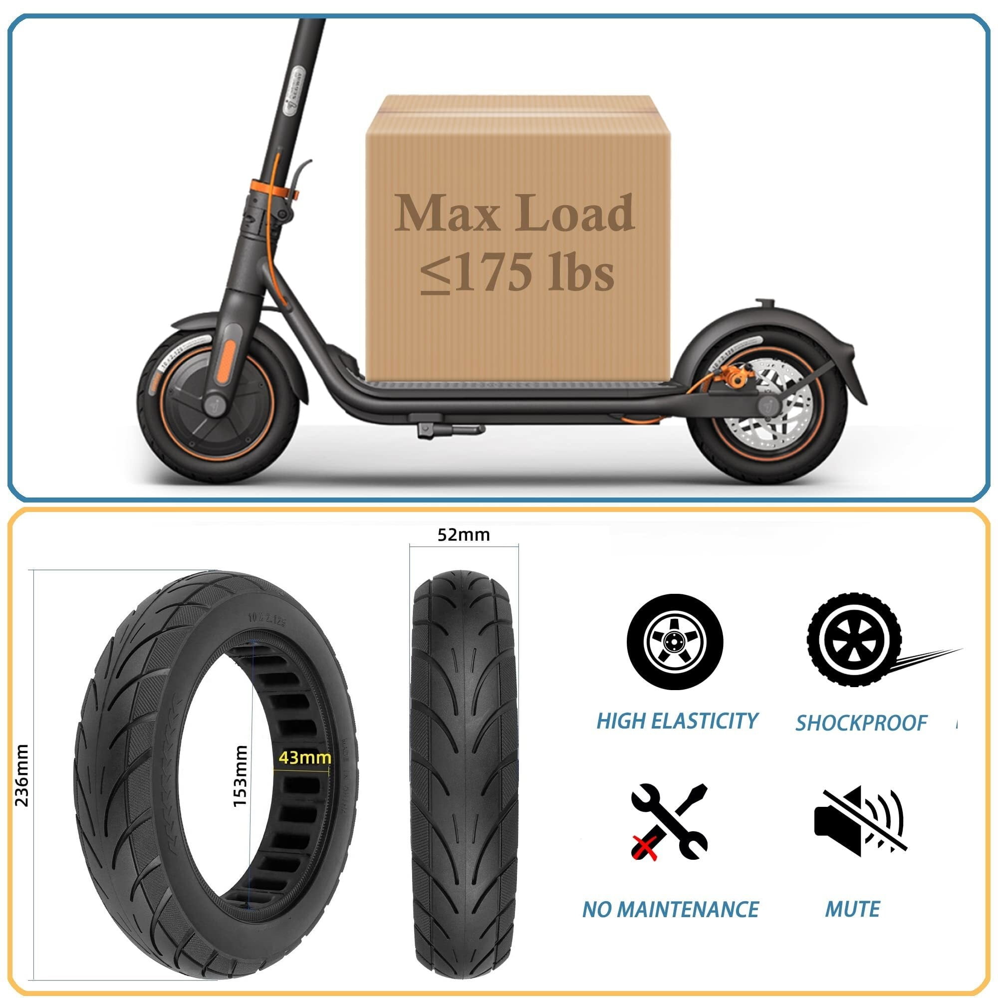 FL 10x2.125 Solid Rubber Tire Compatible with Segway Ninebot F20/F25 ...