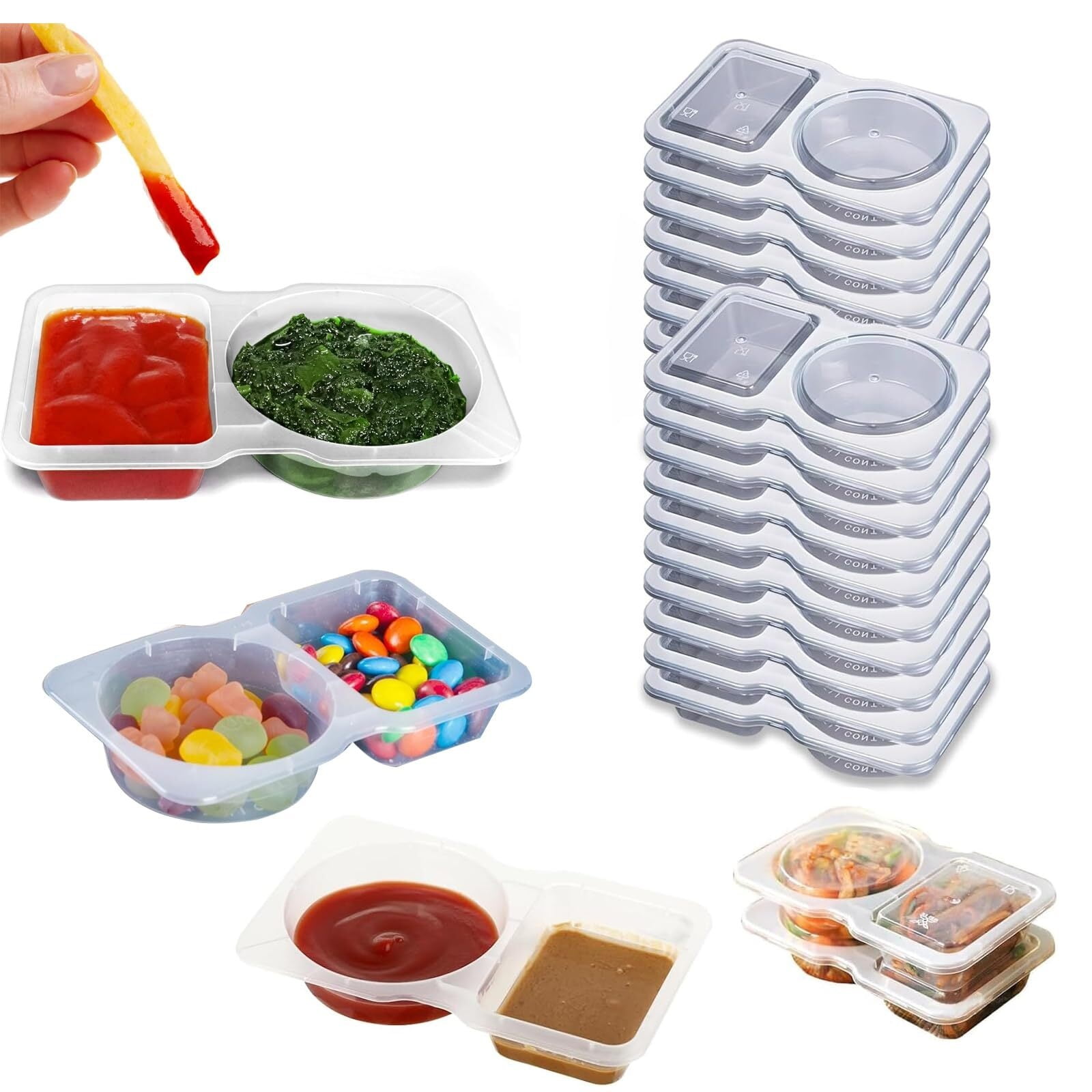 FL 25 Sets Reusable Snack Containers, 2-Compartment Dipping Containers ...
