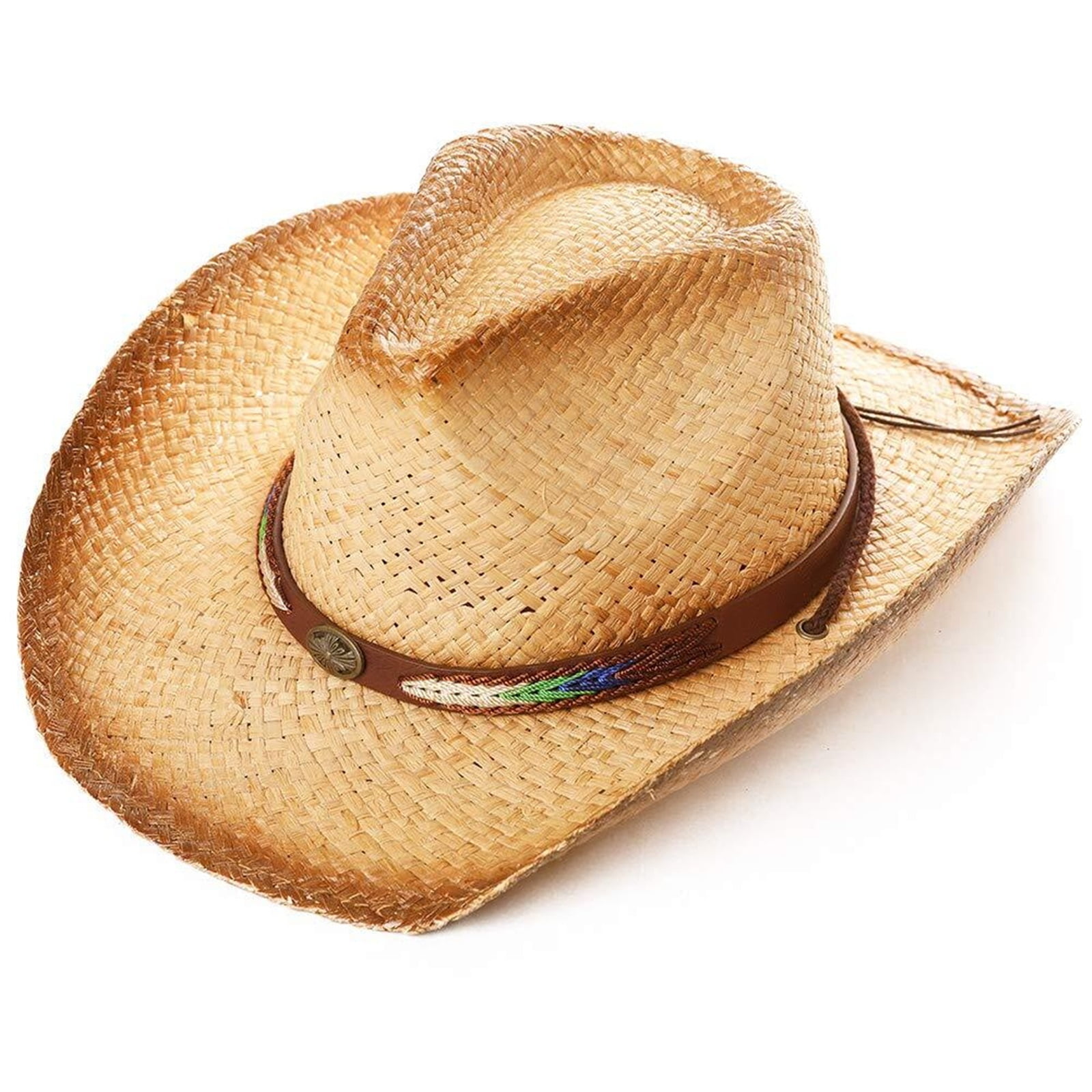 FL Western Style Round Cowboy Straw Hat Fedora Chin Cord Vegan Leather ...