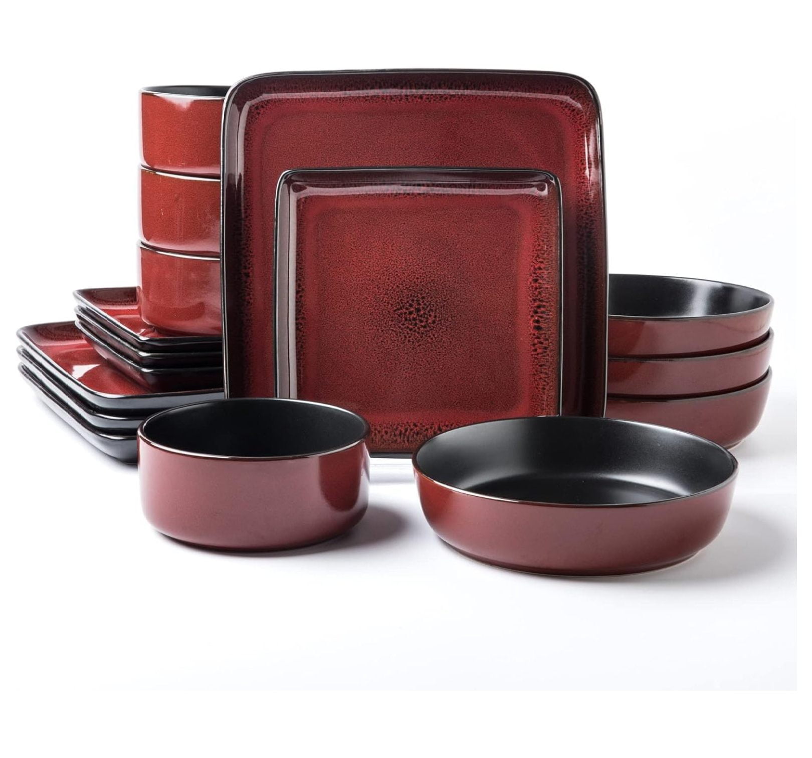 FLACKAR Square Stoneware 16pc Double Bowl Dinnerware Set for 4, Dinner ...