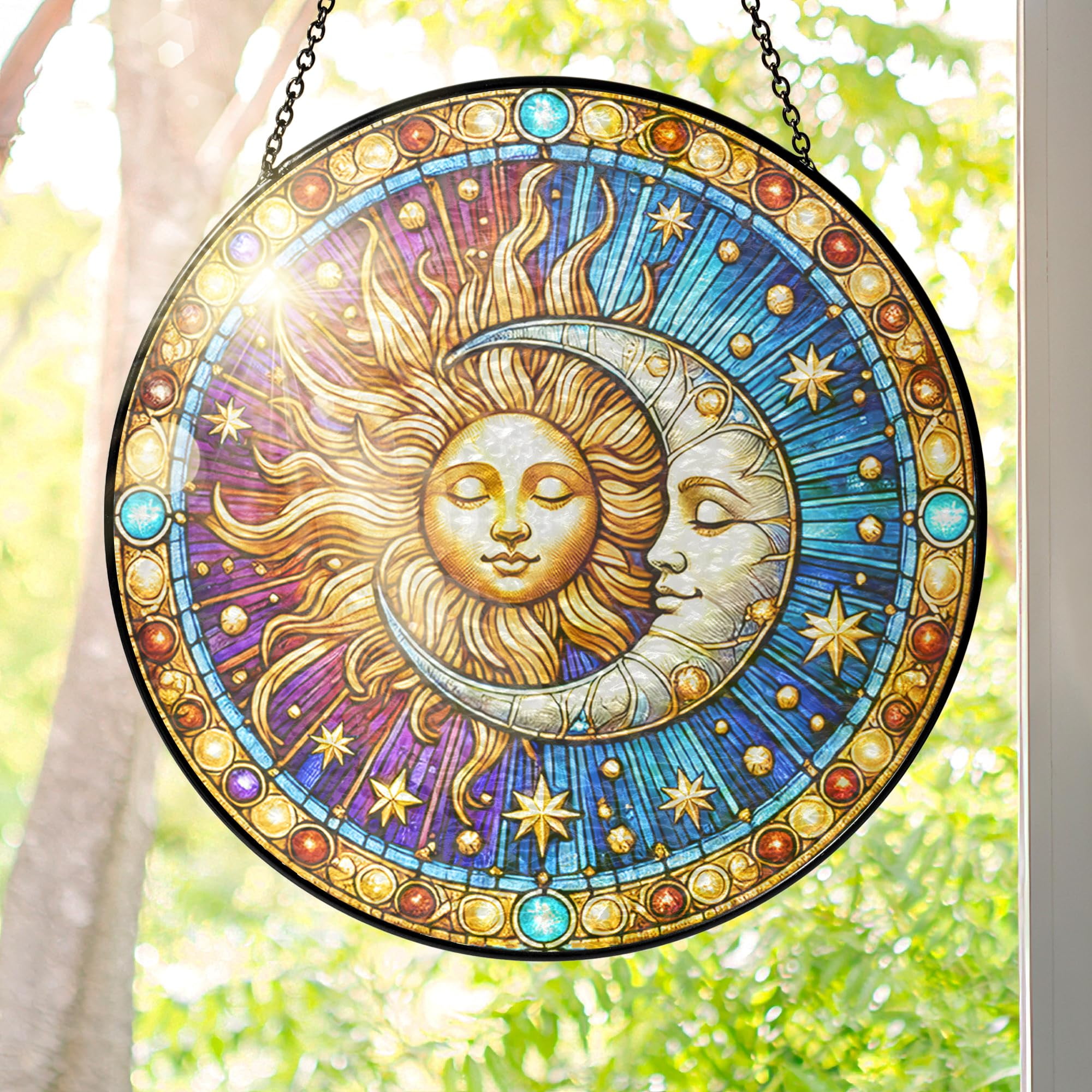 FLAGWIX Sun and Moon Decor - Stained Glass Window Hanging 10 in ...