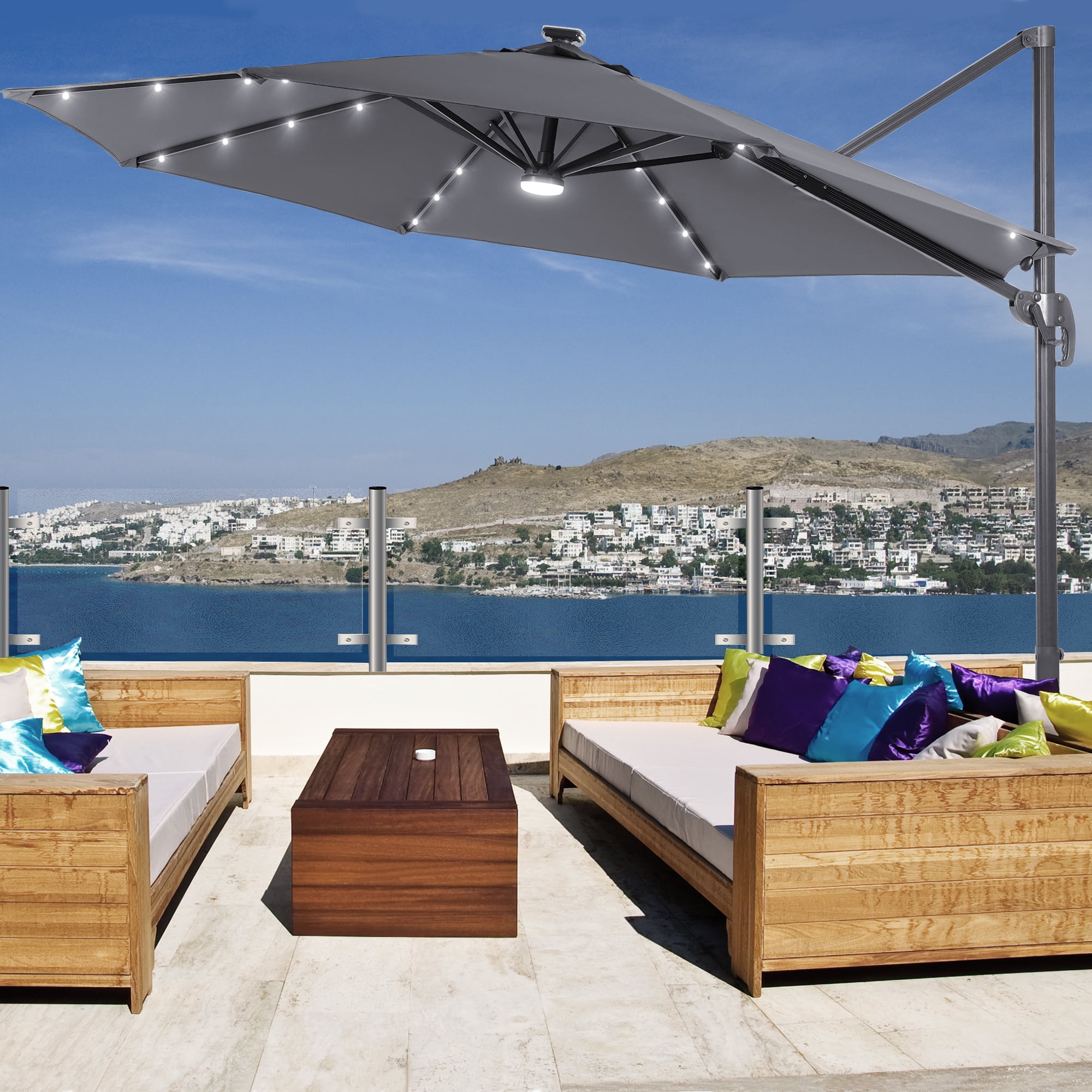 FLAME&SHADE 10 ft LED Outdoor Patio Cantilever Offset Aluminum Hanging ...