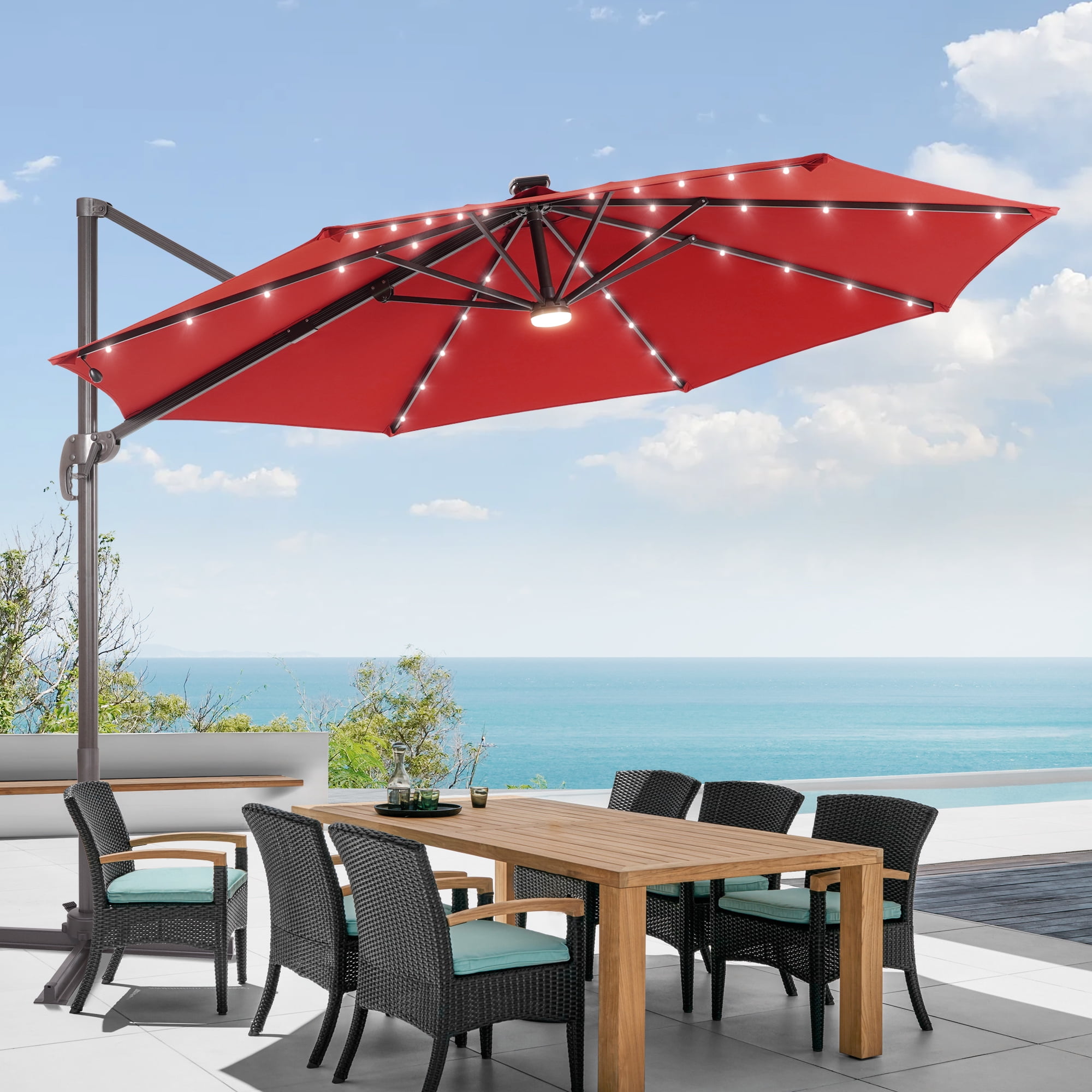 FLAME&SHADE 11FT LED Cantilever Umbrella with Aluminum Frame, and 360 ...