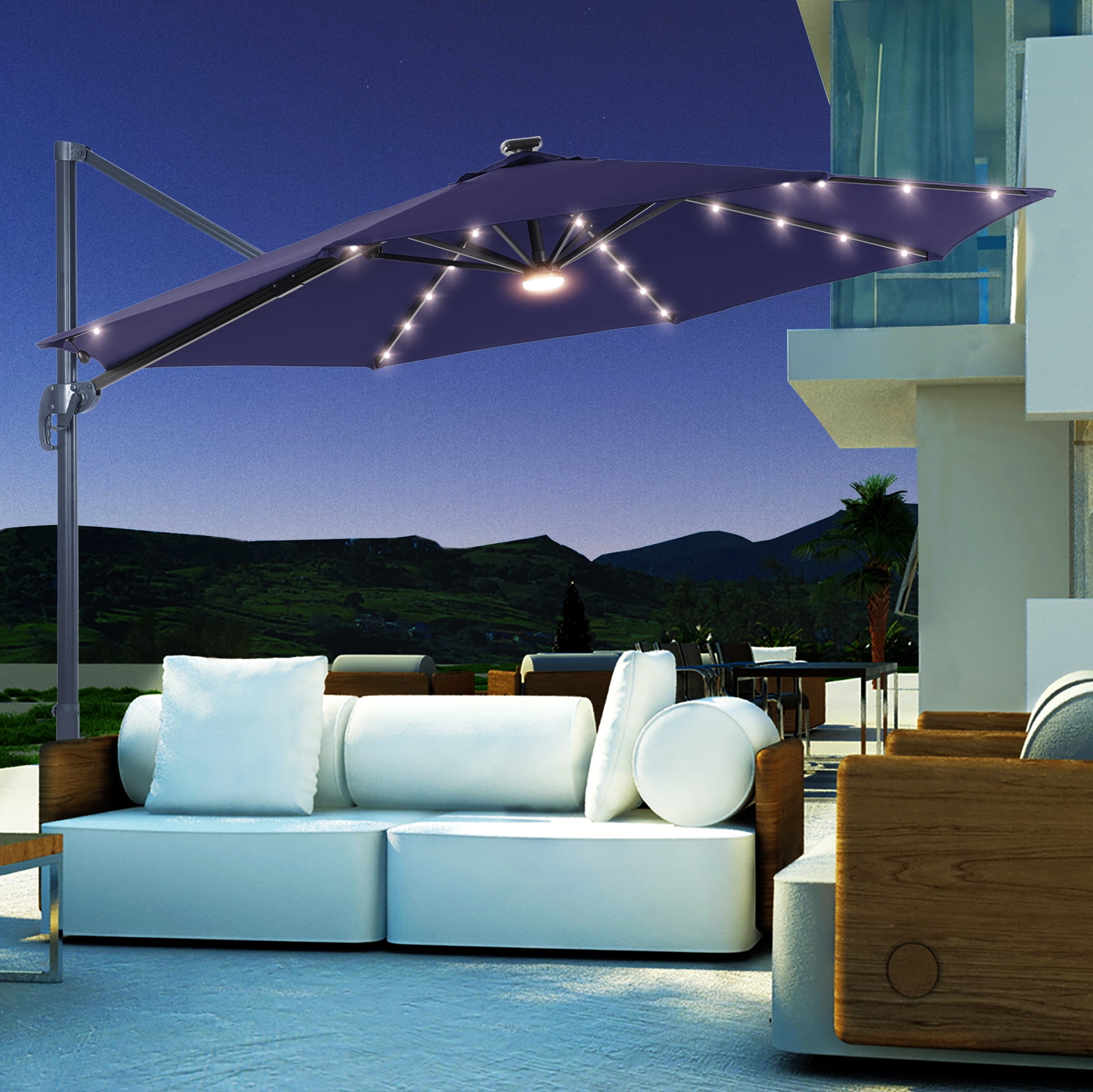 FLAME&SHADE 11FT Round Cantilever LED Umbrella For Your Outdoor Space – 240g Solution-Dyed ...