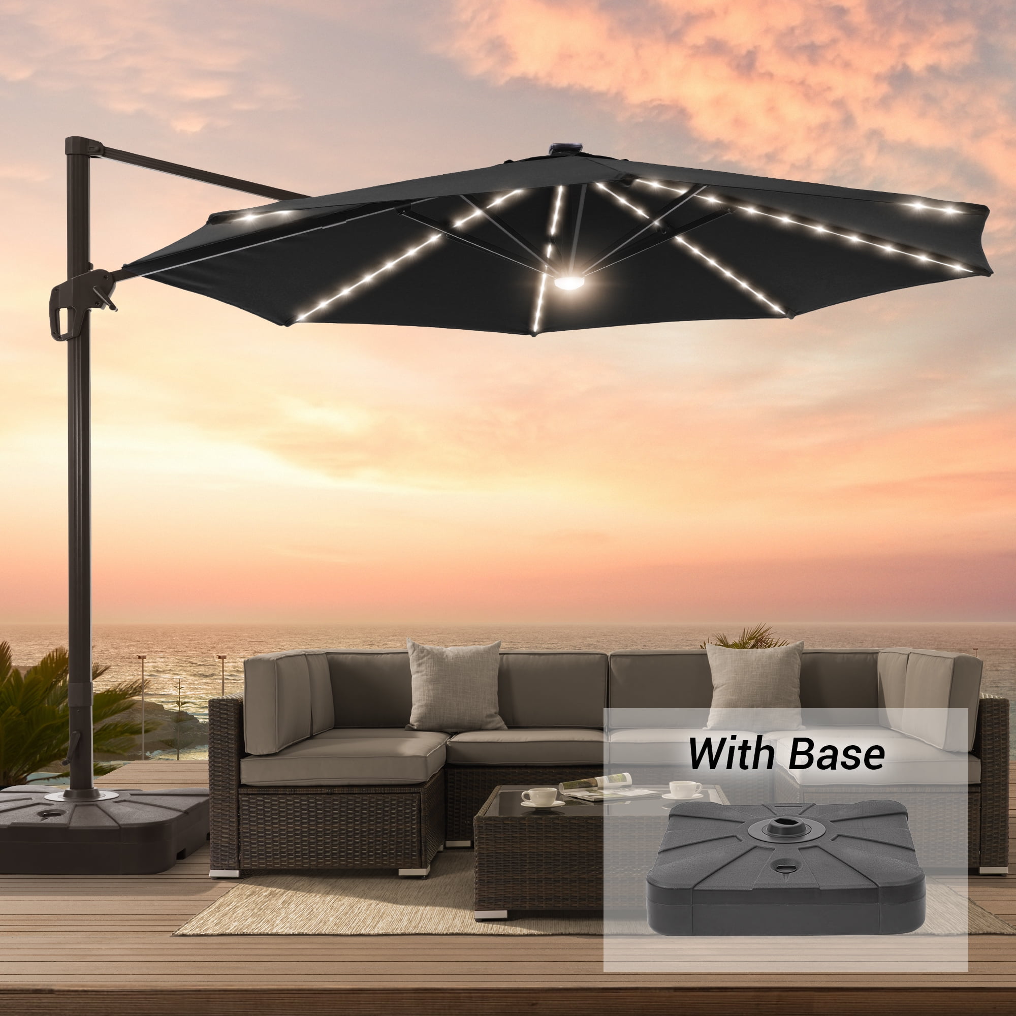 FLAME&SHADE 11ft LED Offset Outdoor Patio Umbrella,Solar Power Round ...