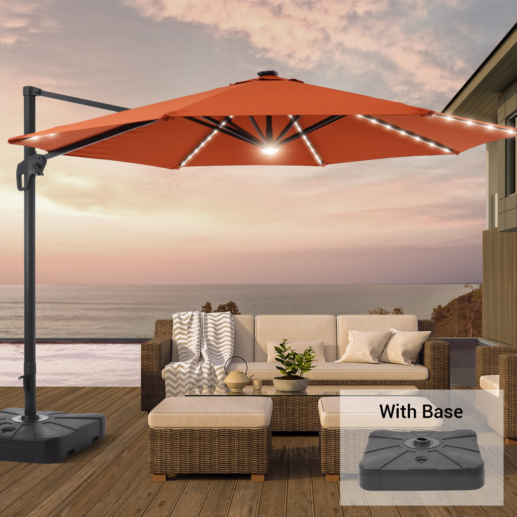 FLAME&SHADE 11ft LED Offset Outdoor Patio Umbrella,Solar Power Round ...