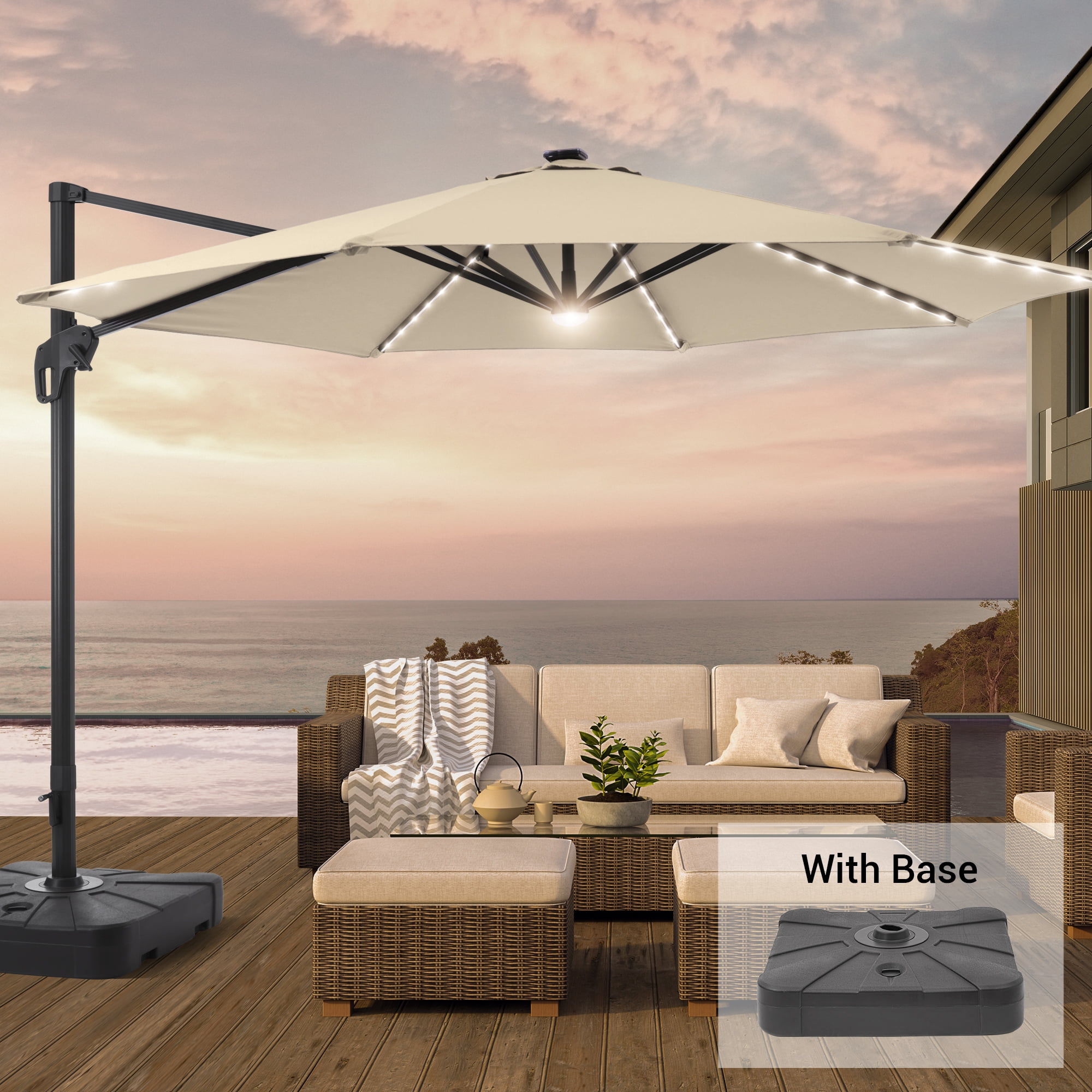 FLAME&SHADE 8.86' Beige Round Patio LED Umbrella, UV Resistant & Fade ...