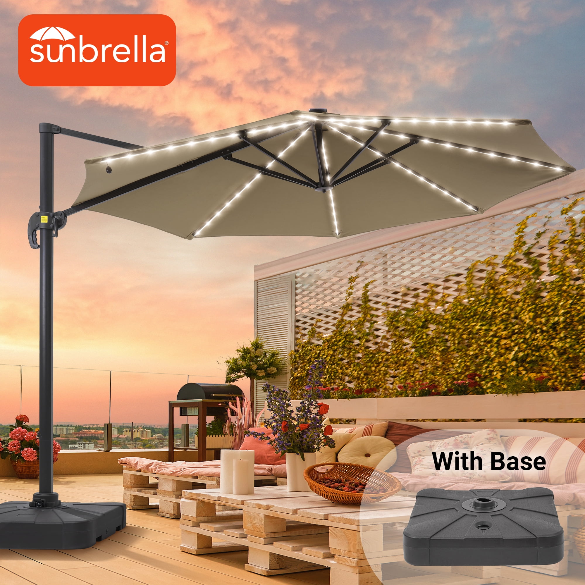 FLAME&SHADE 11ft Offset Patio Umbrella,Solar Power Round Canopy ...