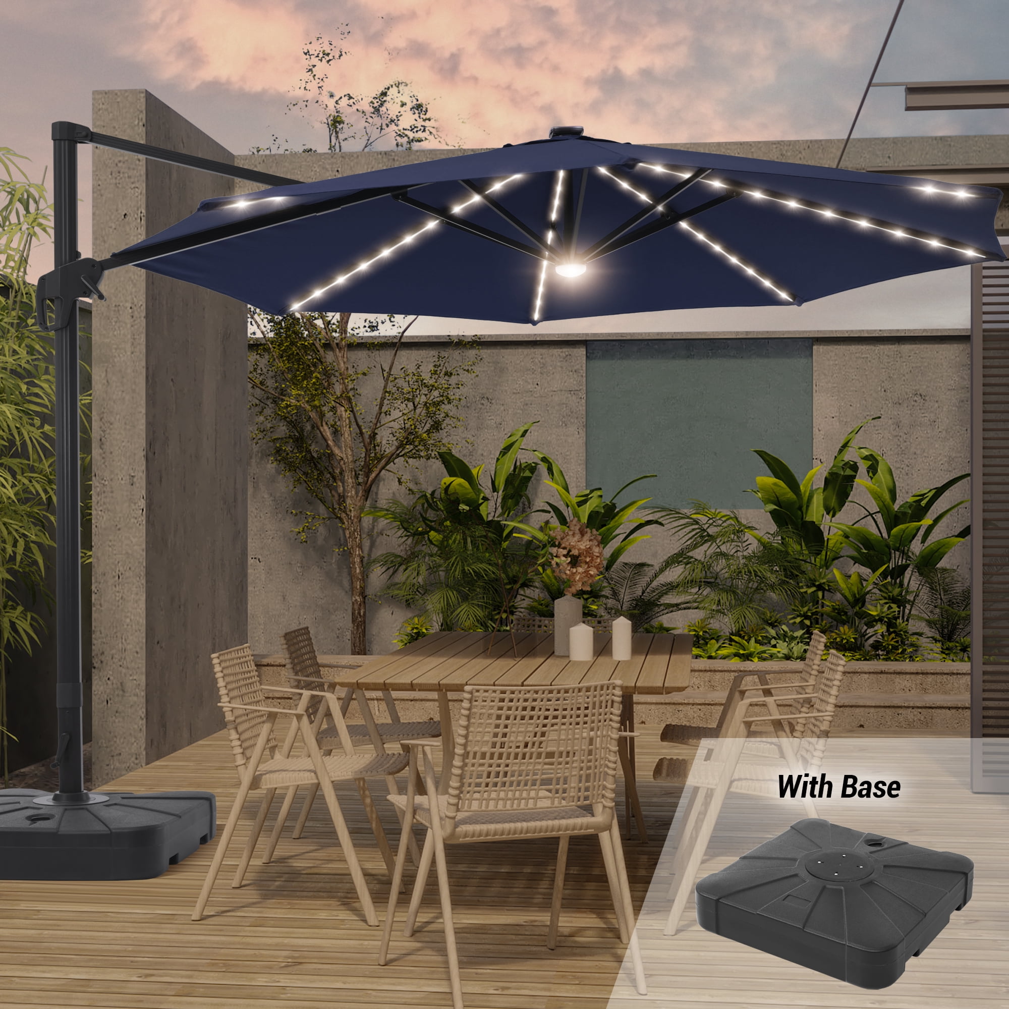 FLAME&SHADE 11ft LED Solar Patio Umbrella w/Base, Offset Lights ...