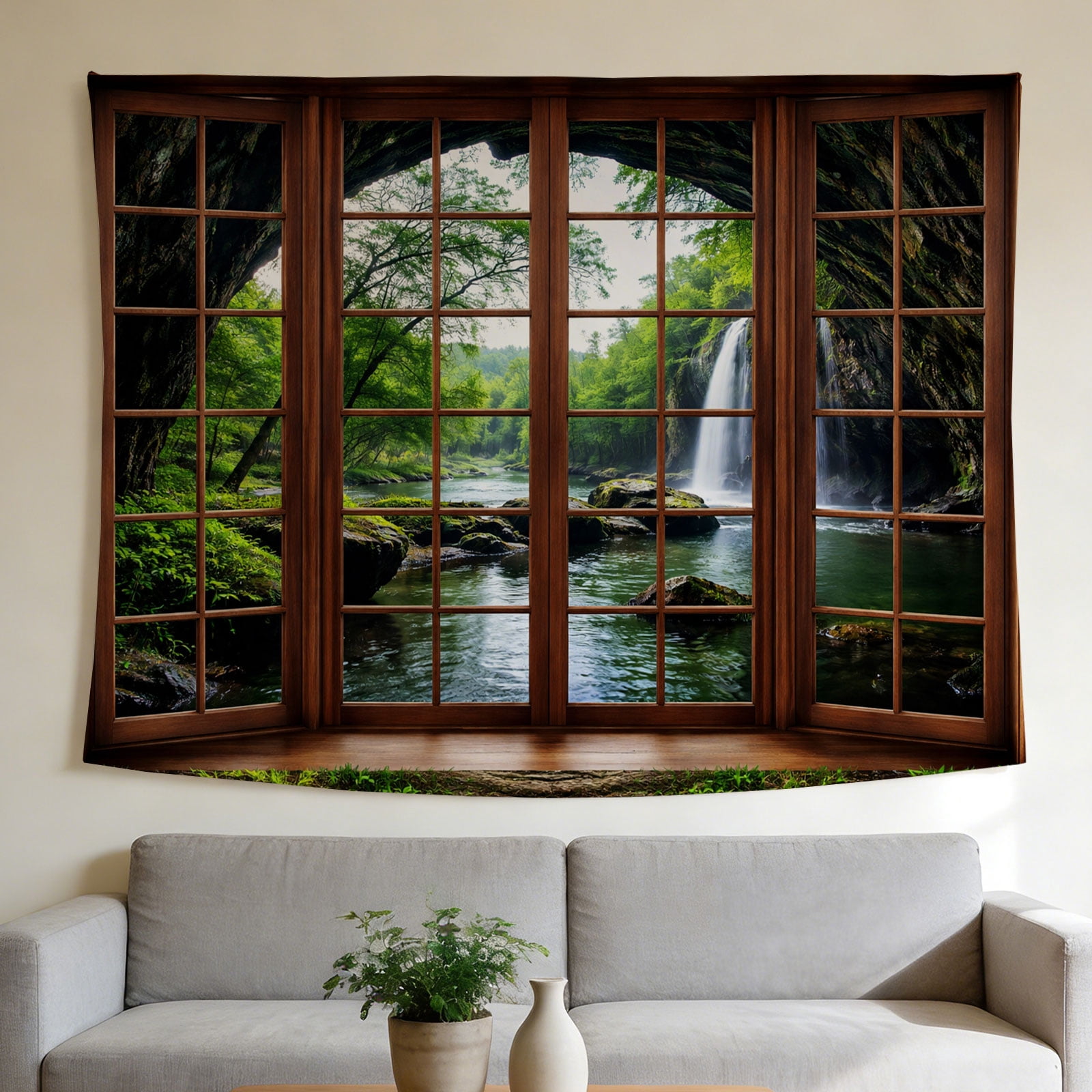 FLASHLUMI 40"x30" Window View Waterfall Wall Tapestry, Wooden Window ...