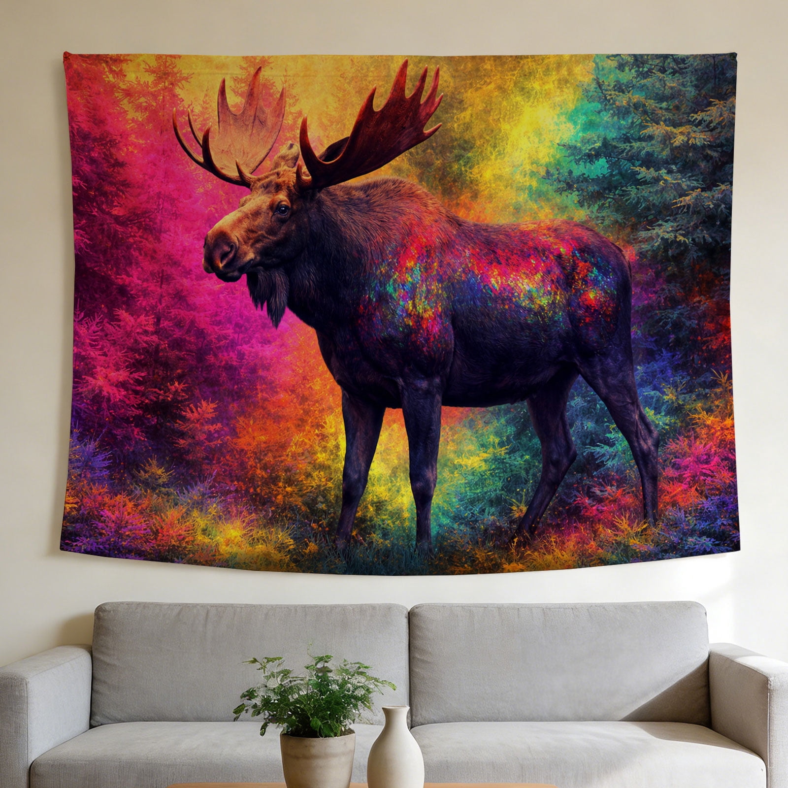 FLASHLUMI 60"x40" Rainbow Moose Wall Tapestry, Vibrant Colorful Moose ...