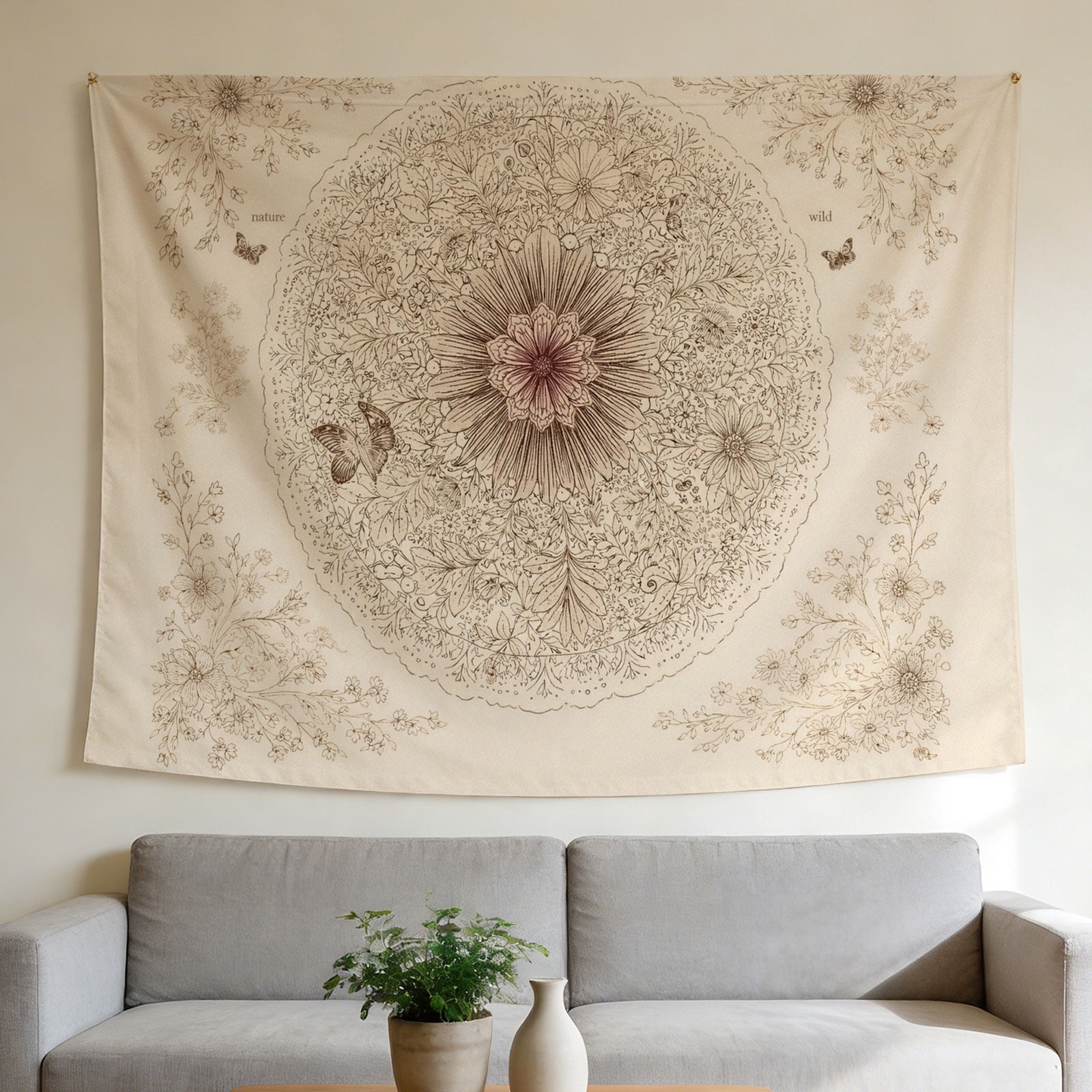 FLASHLUMI 90"x60" Beige Floral Mandala Butterfly Tapestry Wall Hanging ...