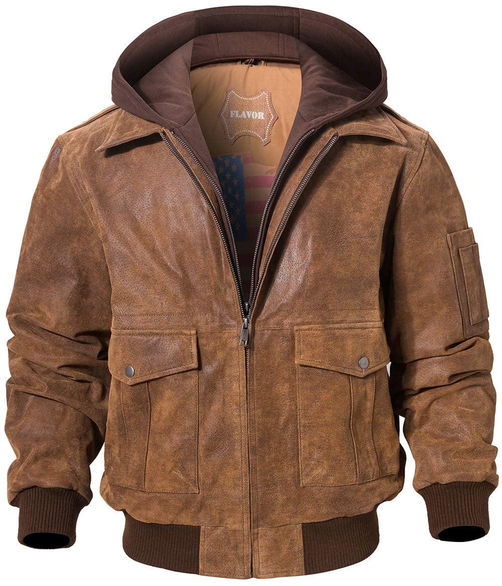 FLAVOR Men's Leather Flight Bomber Jacket Air Force Aviator (Small ...