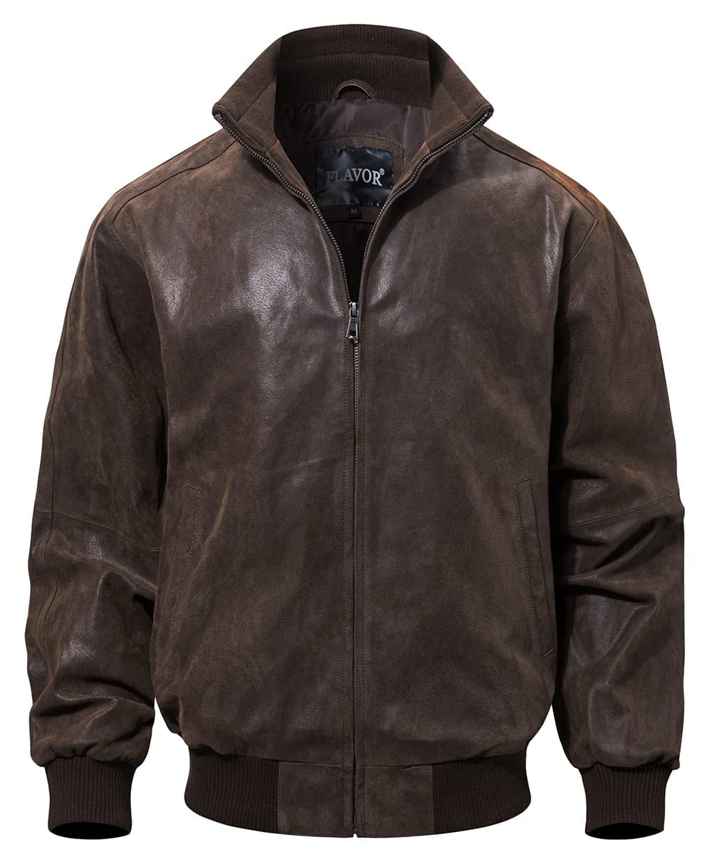 Flavor Men's Genuine Suede Leather Bomber Jacket, Large Dark Brown ...