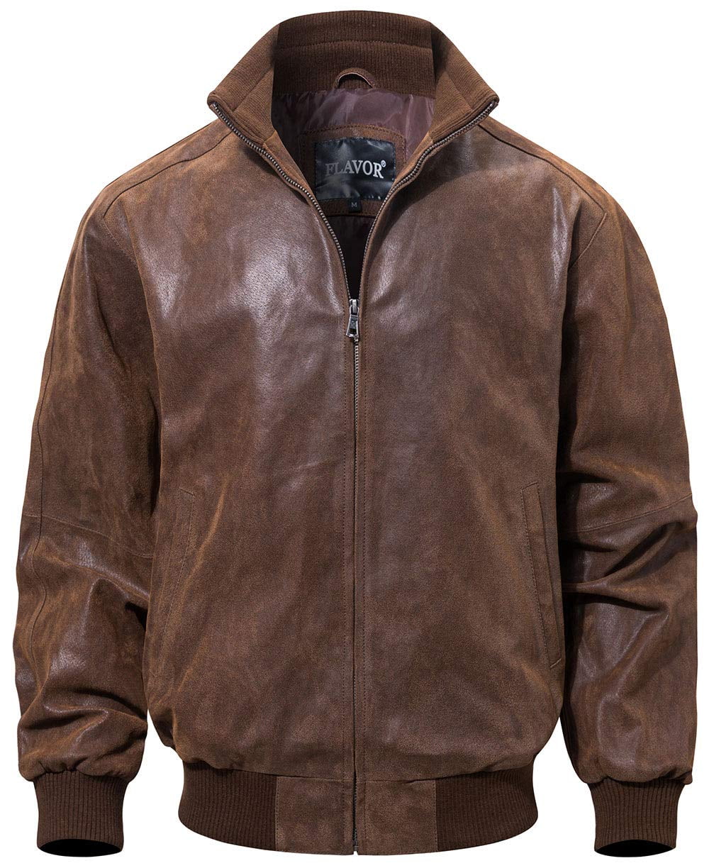 FLAVOR Men's Real Leather Bomber Casual Jacket (Small, Brown) - Walmart.com
