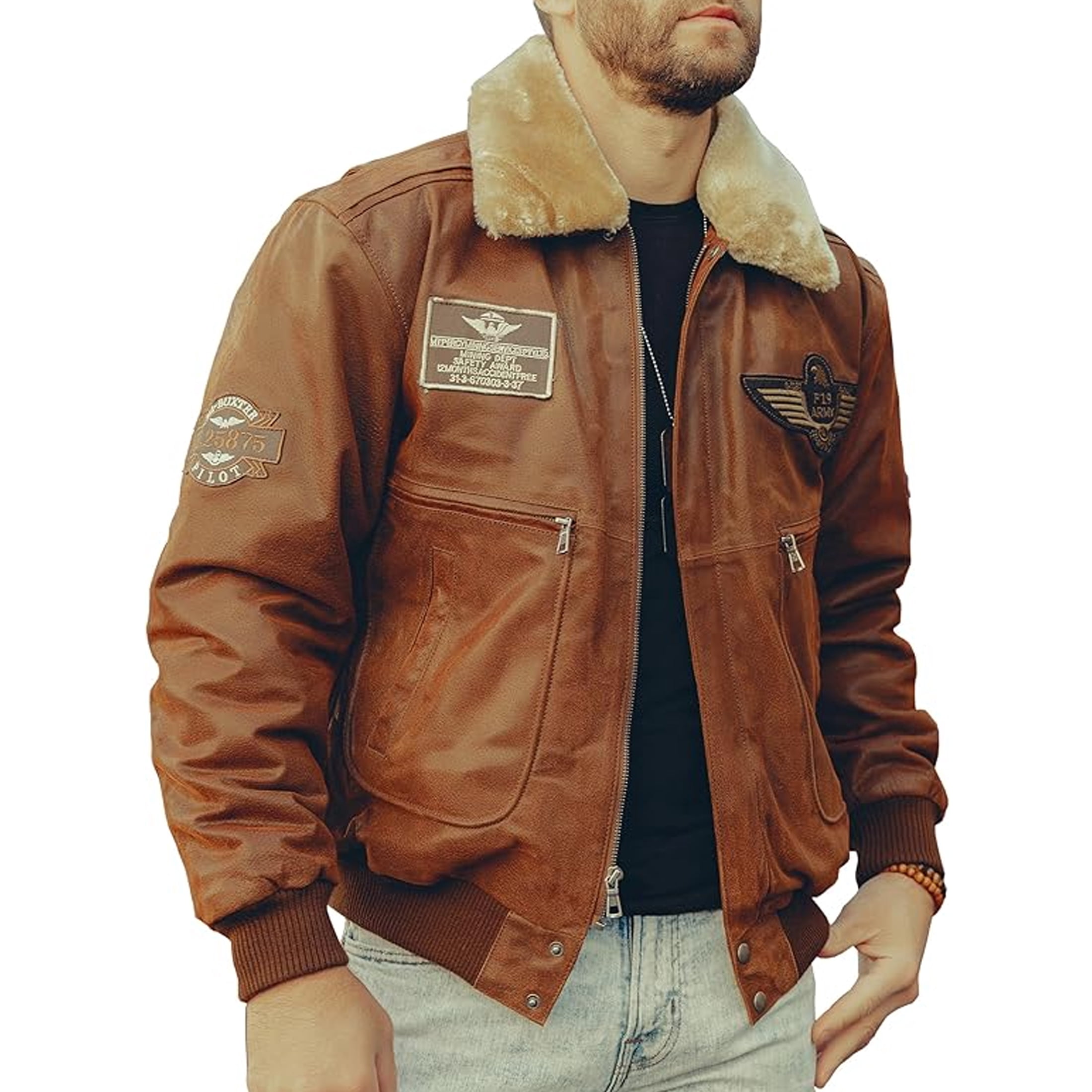 FLAVOR Men's Real Leather Bomber Jacket with Removable Collar Aviator ...