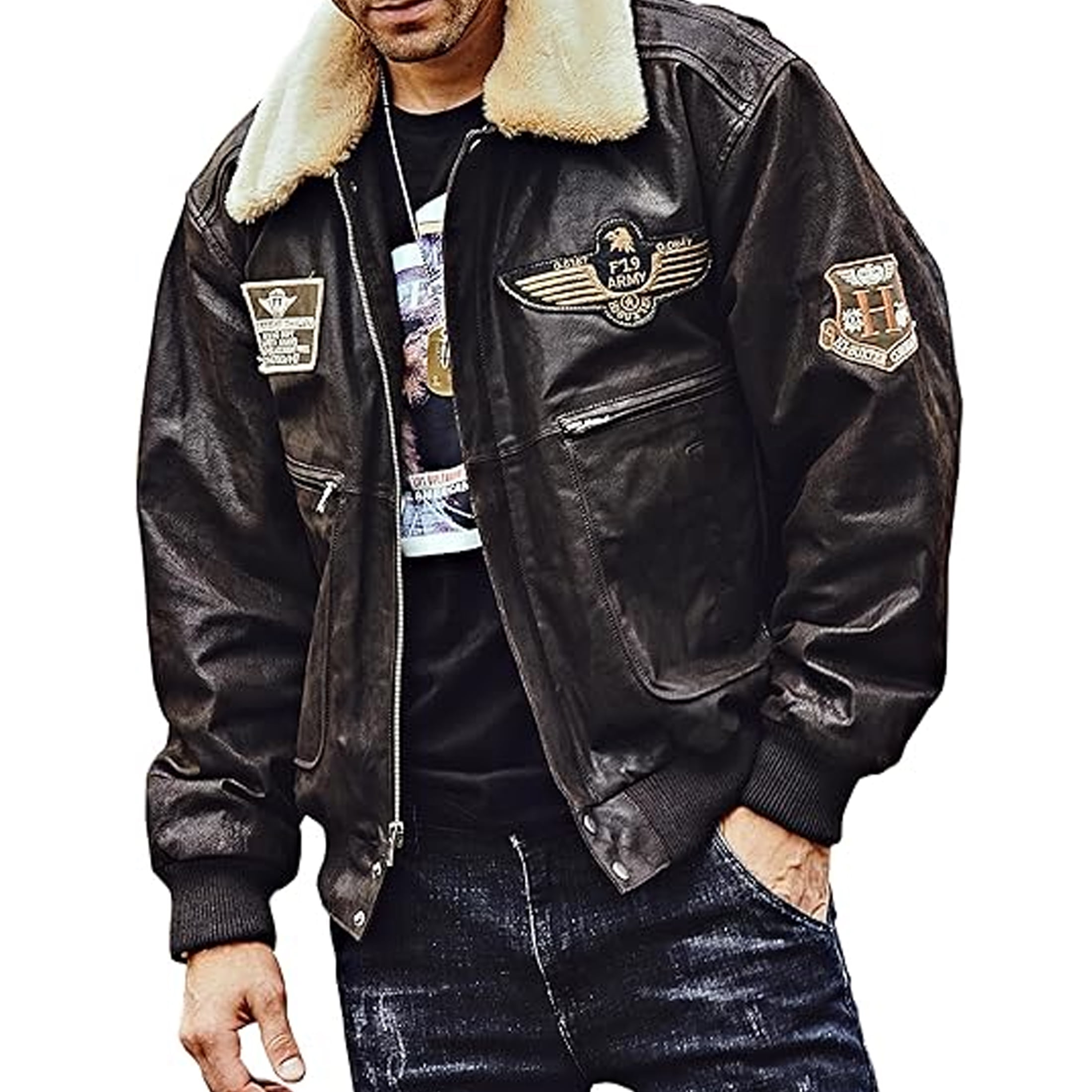 FLAVOR Men's Real Leather Bomber Jacket with Removable Collar Aviator (M, Dark Brown) - Walmart.com