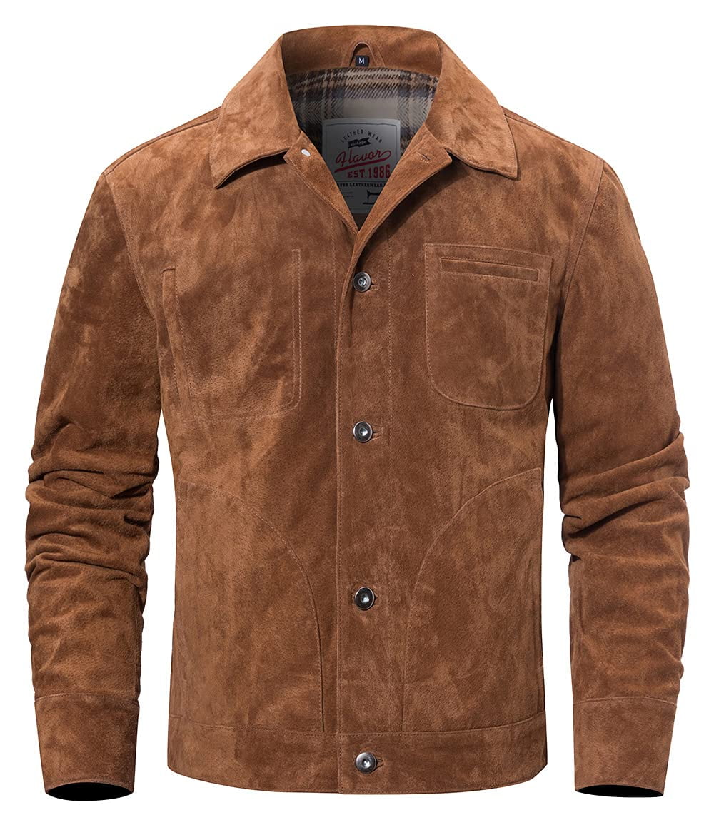 FLAVOR Men's Suede Leather Jacket Trucker Coat (Medium, Brown ...