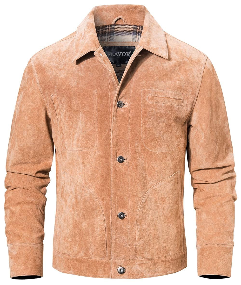 FLAVOR Men's Suede Leather Jacket Trucker Coat (Small, Beige) - Walmart.com