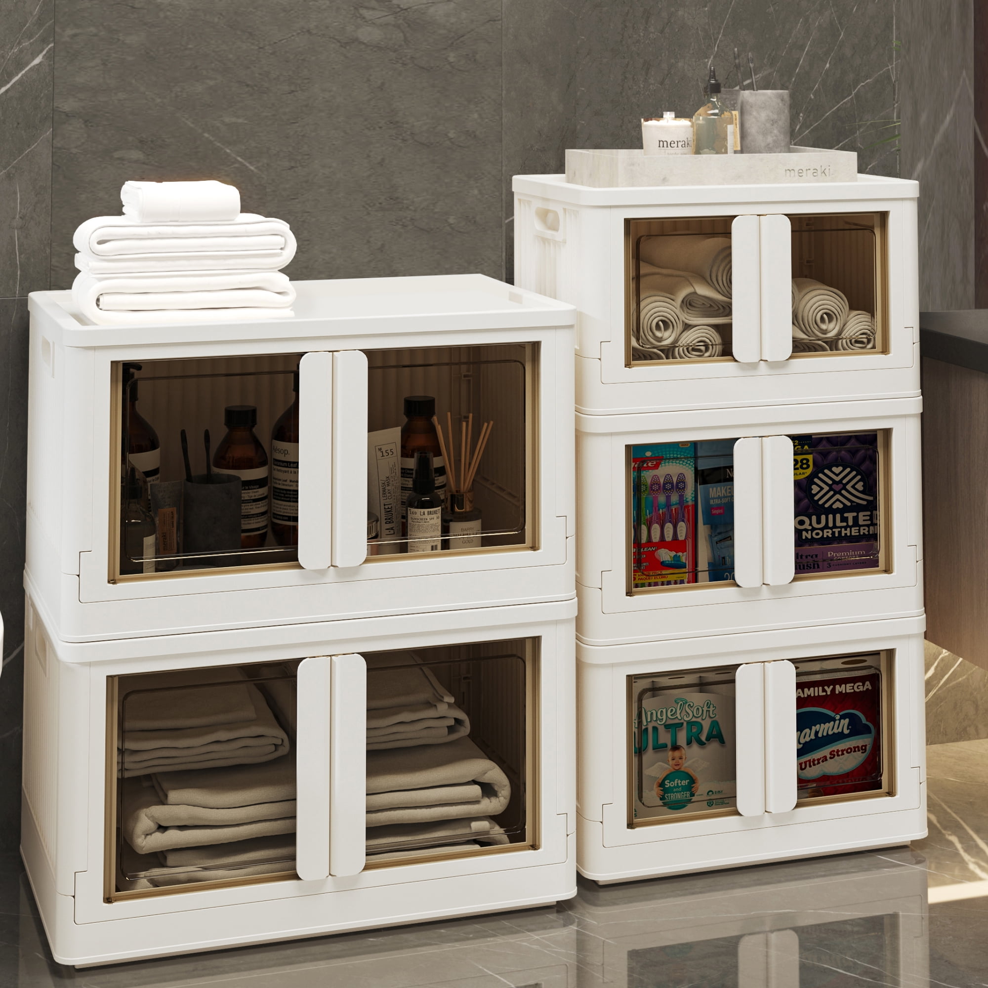 FLEXIMOUNTS Set of 3 Foldable Plastic Storage Bins 8.4Gal, Milky White ...