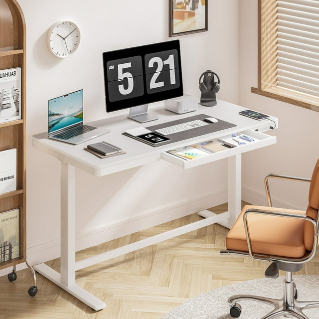 FLEXISPOT 55" W Home Office Height Adjustable Standing Desk White Chipboard Top with USB Charge ...