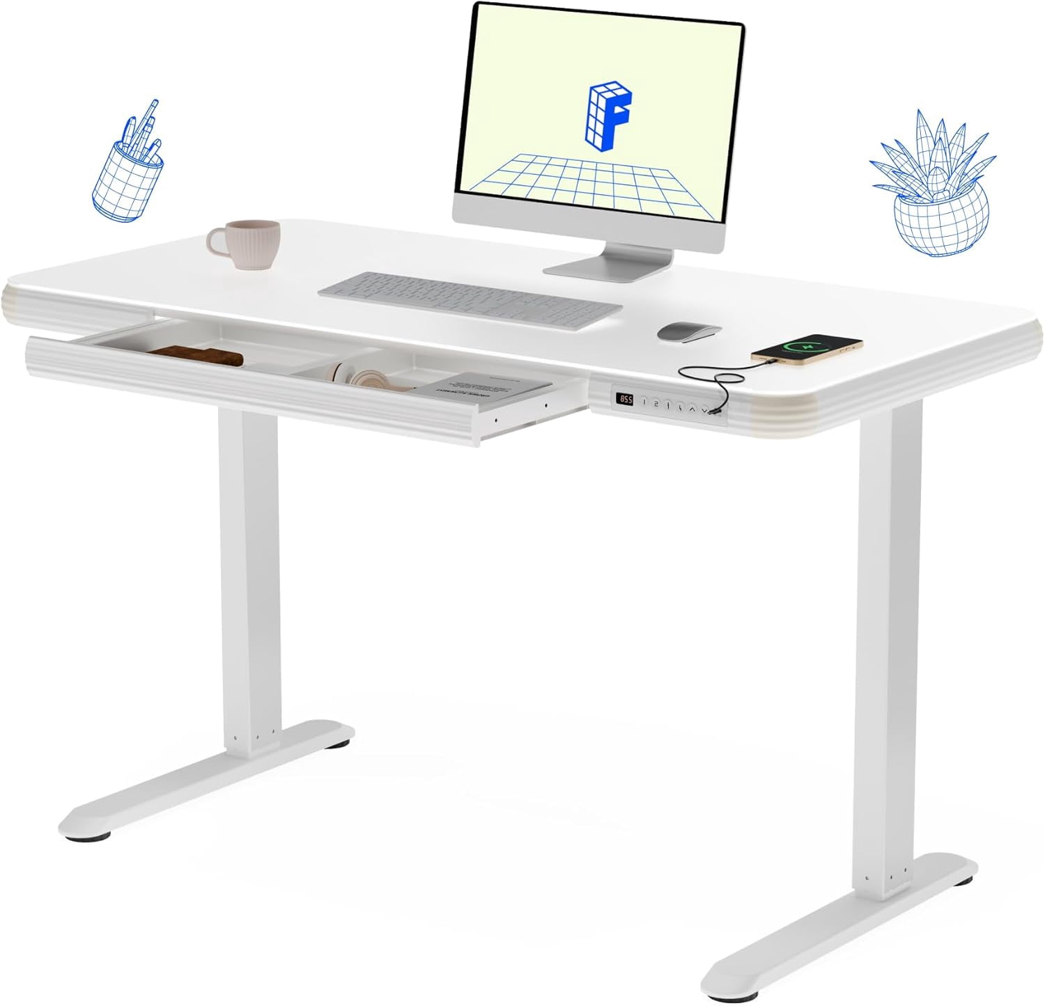 FLEXISPOT Comhar electric Pure Glass Standing Desk with Drawer Desktop ...