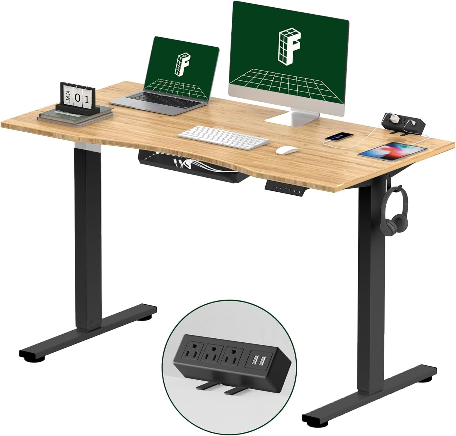 FLEXISPOT EN2 Whole-Piece Bamboo Standing Desk with Clamp Power Strip, 48 x 24'' Electric Stand ...
