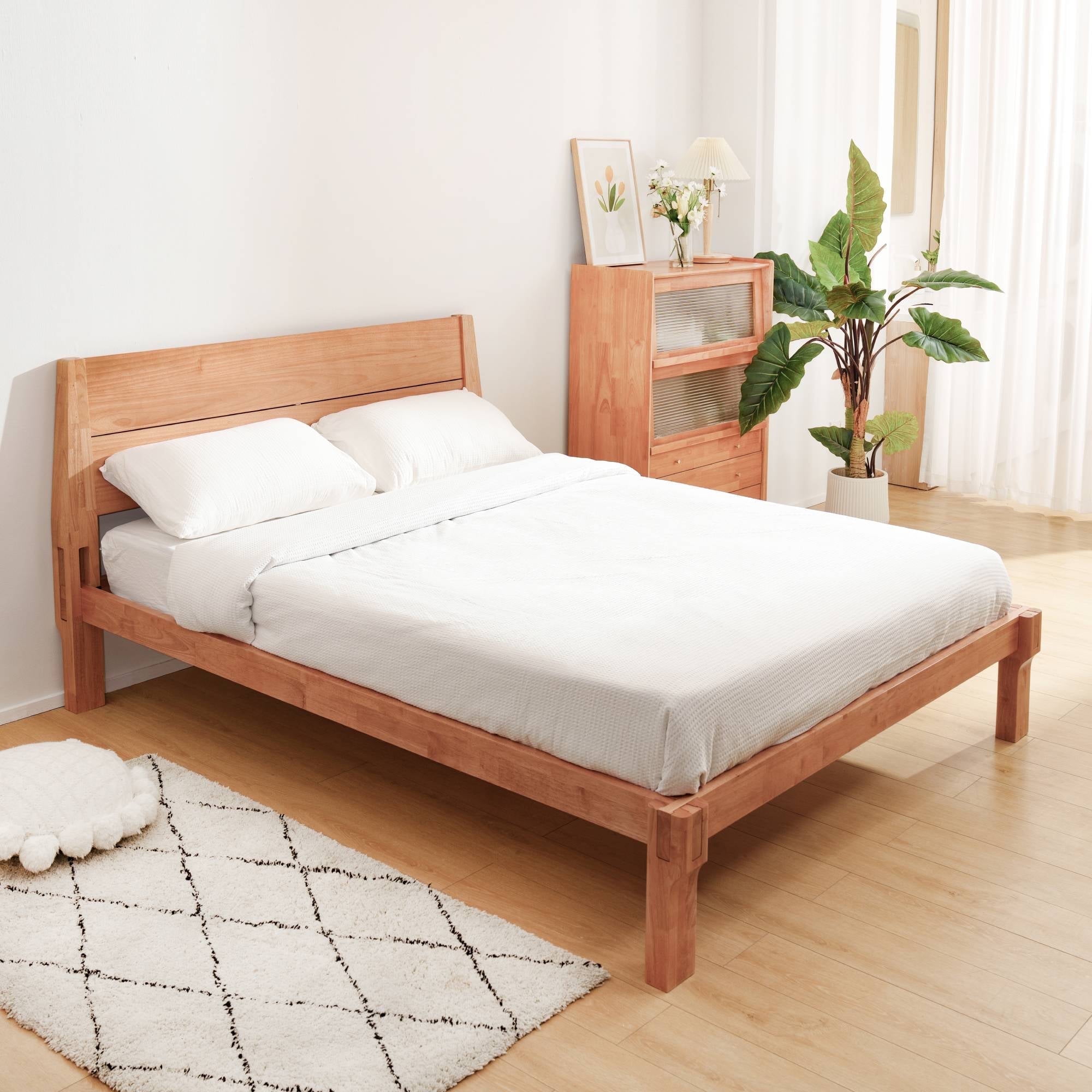 FLEXISPOT Solid Wood Bed Frame with Headboard, Queen Size Japanese ...