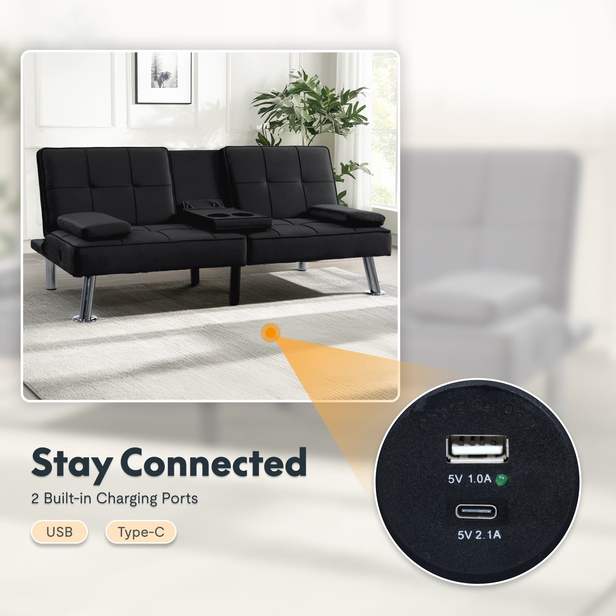 FLEXISPOT XCT3 Convertible Futon Sofa Bed with USB & Type-C Ports ...