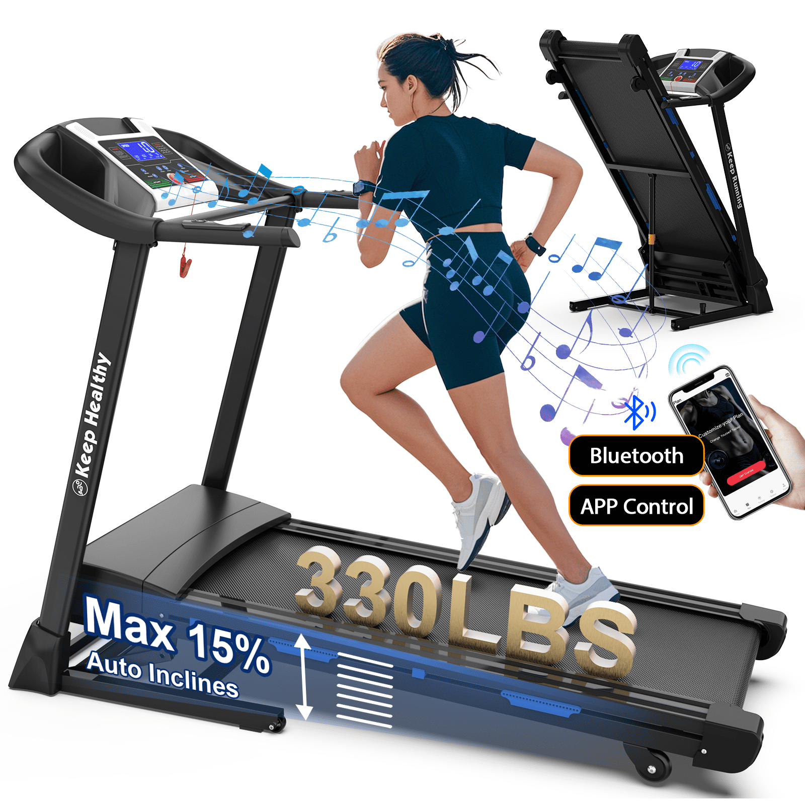 FLIMDER 330LBS Capacity 15% Auto Incline Folding Treadmills with APP ...