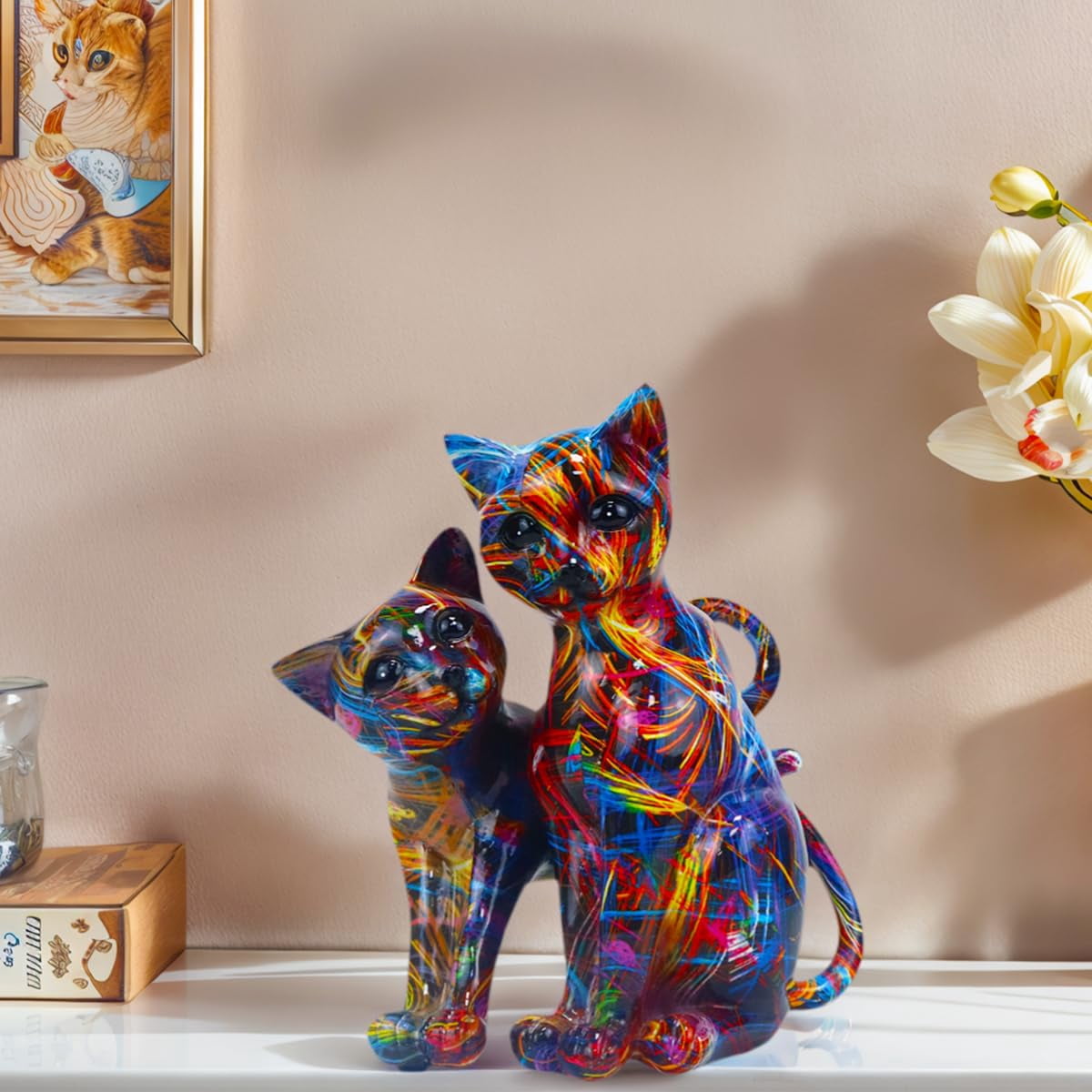 FLJZCZM Colorful Cat Couple Lover Statue, Creative Cat Figurine Resin ...