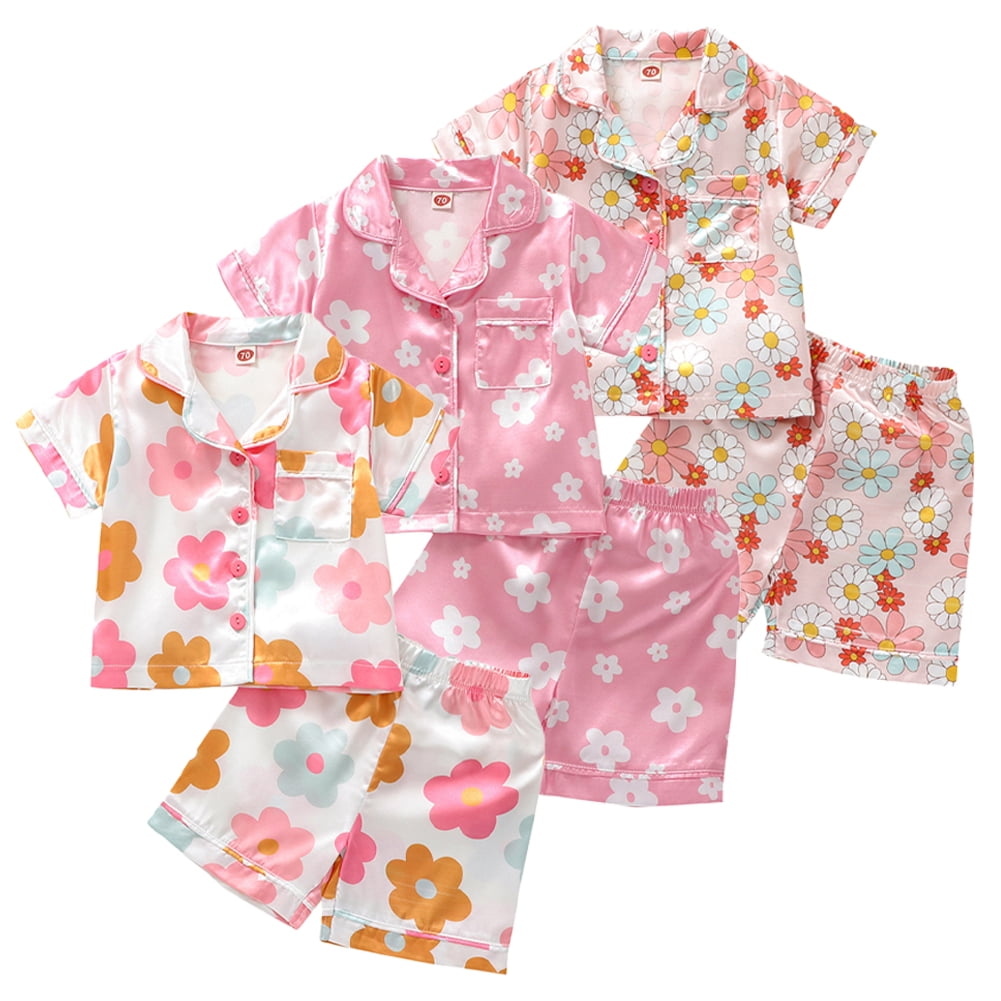FLMEI 1-6T Girls Silk Stain Pajamas Set for Baby Kids Short-Sleeved Pjs ...