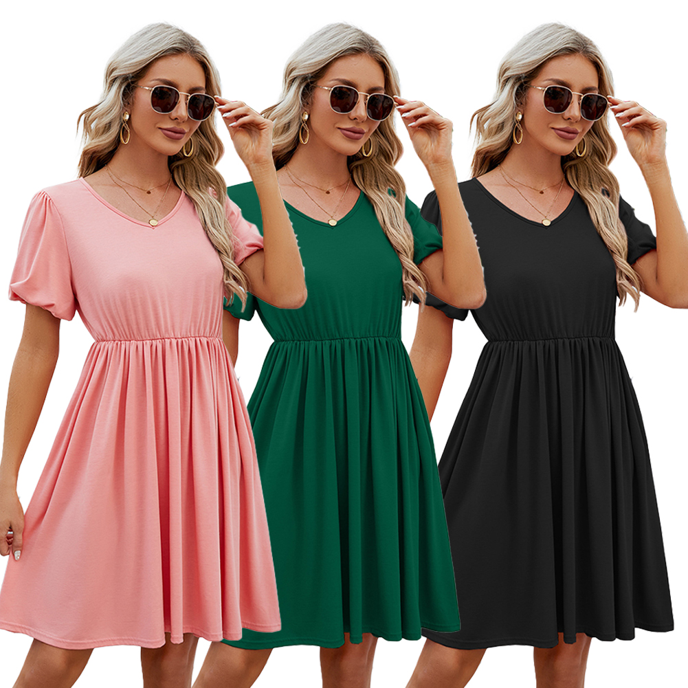 FLMEI Casual Pleated Dress for Womens V Neck Pleated Dress Swing Mini ...