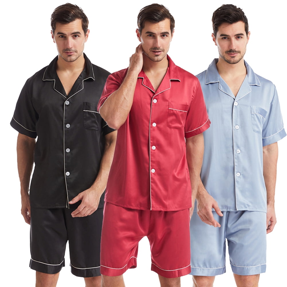 FLMEI Men's Satin Pajama Sets Short Sleeves Summer 2 Piece Loungewear ...
