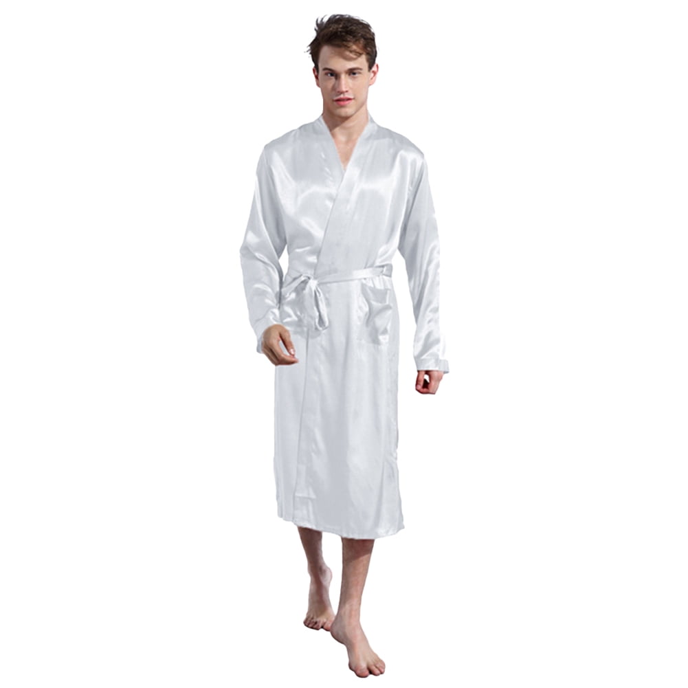 FLMEI Mens Satin Silk Robe Long Sleeve Kimono Bathrobe Male Soft Night ...