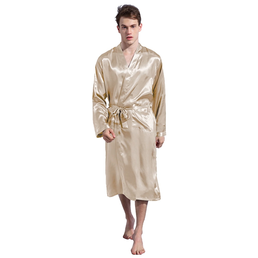 FLMEI Mens Satin Silk Robe Long Sleeve Kimono Bathrobe Male Soft Night ...