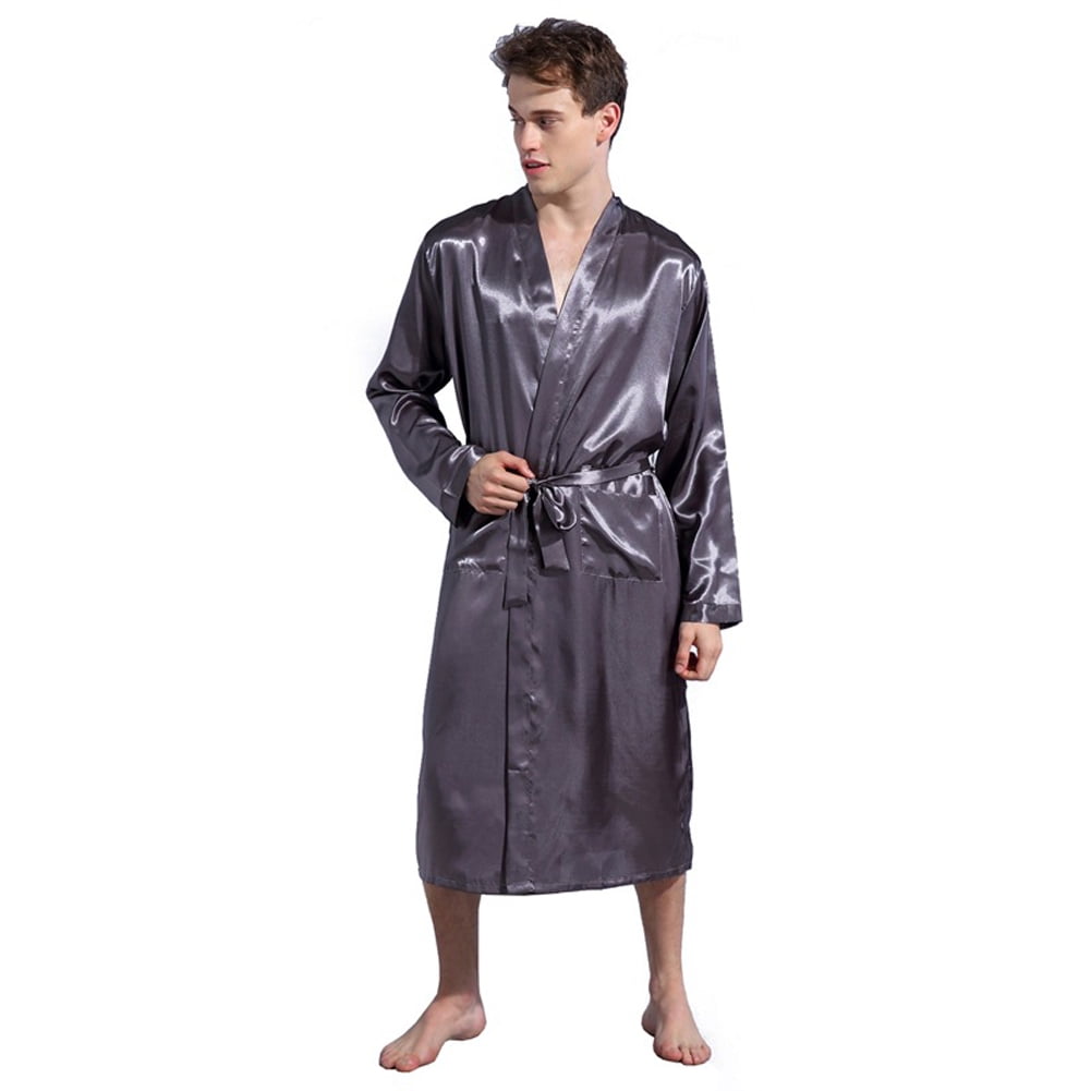 FLMEI Mens Satin Silk Robe Long Sleeve Kimono Bathrobe Male Soft Night ...
