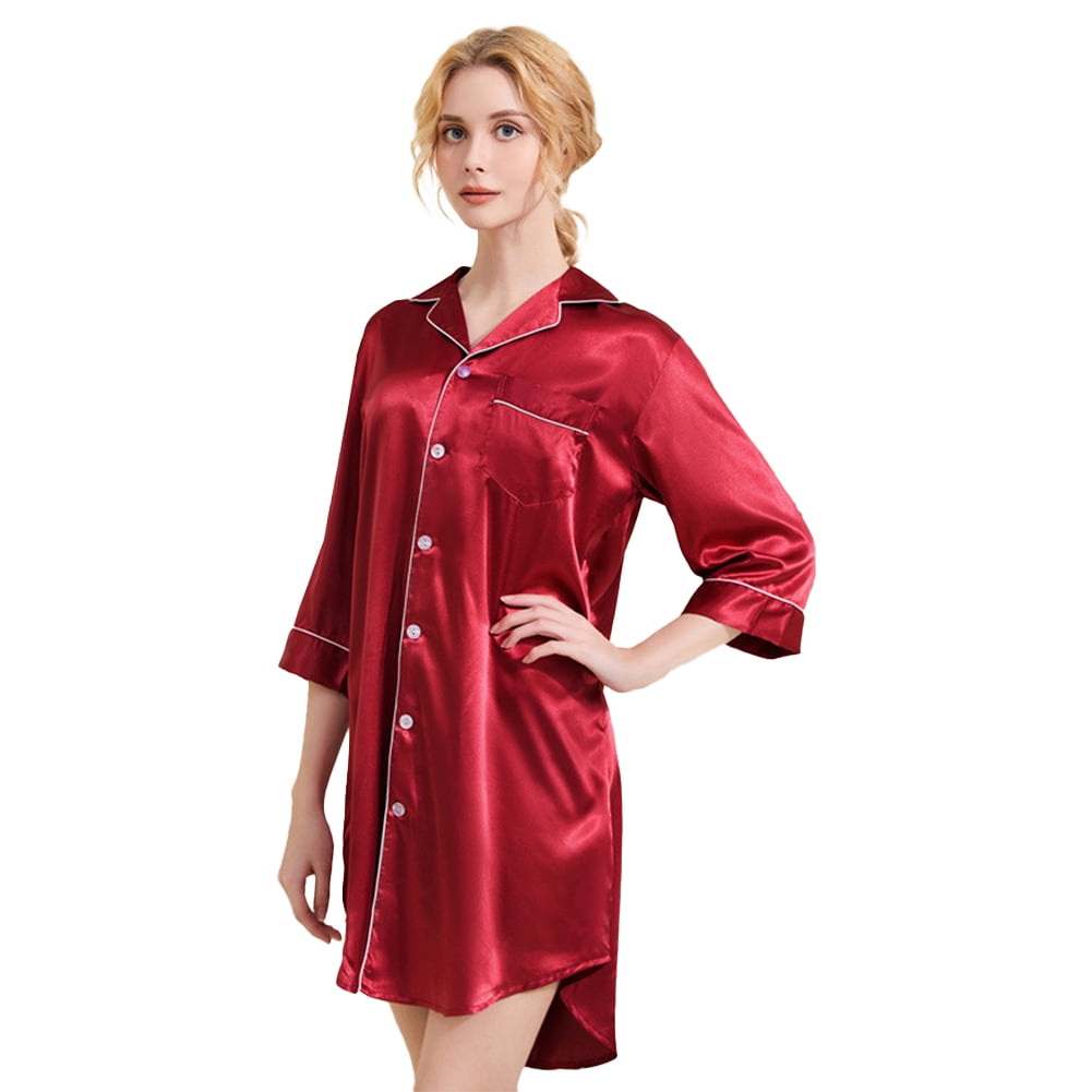 FLMEI Silk Nightgown for Women Sleep Shirt Short 3/4 Sleeve Sleeve ...