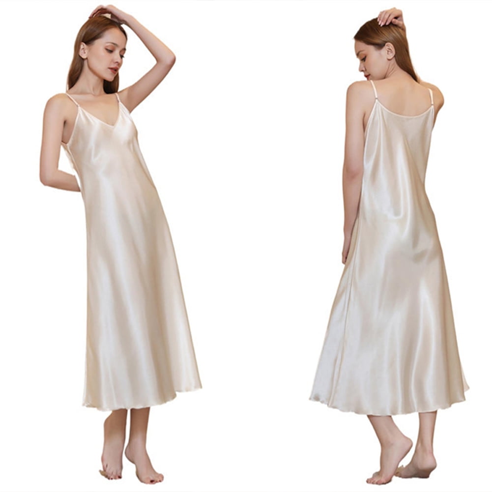 FLMEI Women Satin Nightgown Silk Halter V Neck Sleepwear Summer Long ...