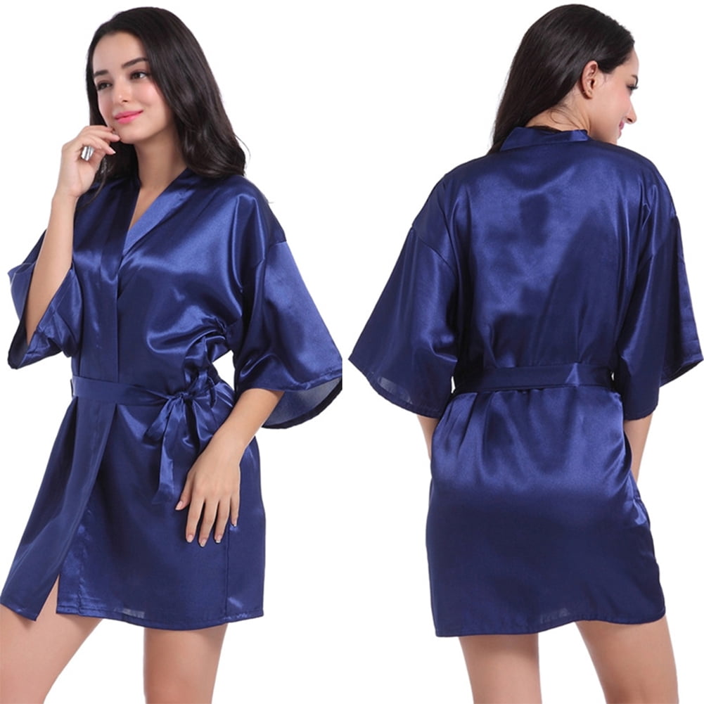 FLMEI Women Silk Robes Silky Satin Night-Robe Solid Color Bathrobe ...