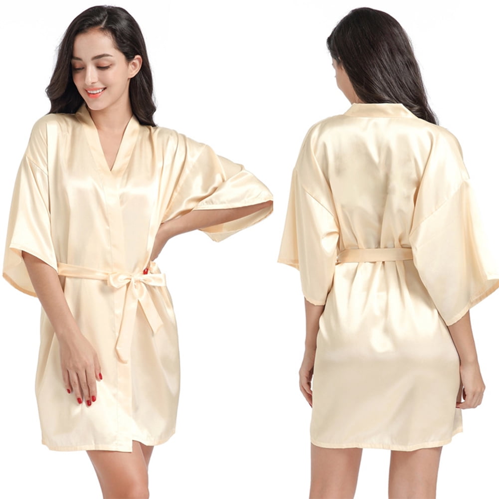 Flmei Women Silk Robes Silky Satin Night Robe Solid Color Bathrobe Sleepwear Loungewear Pajamas