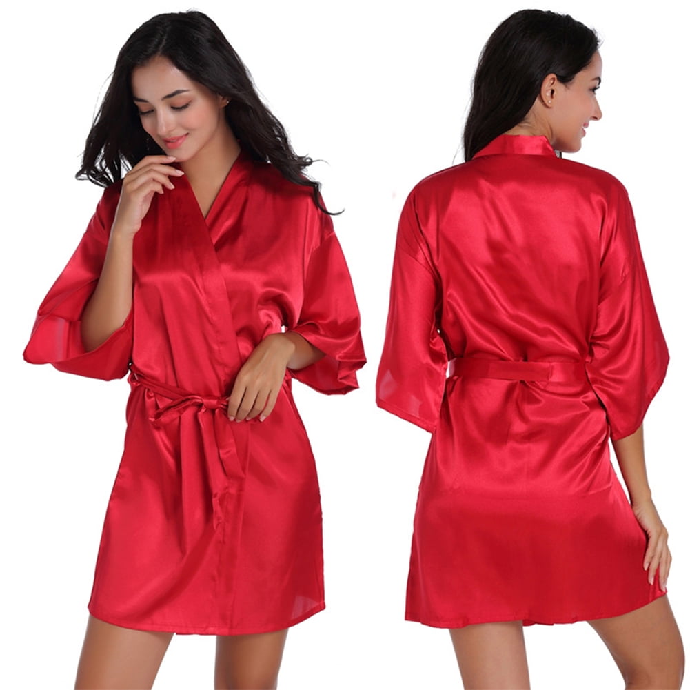 FLMEI Women Silk Robes Silky Satin Night-Robe Solid Color Bathrobe ...