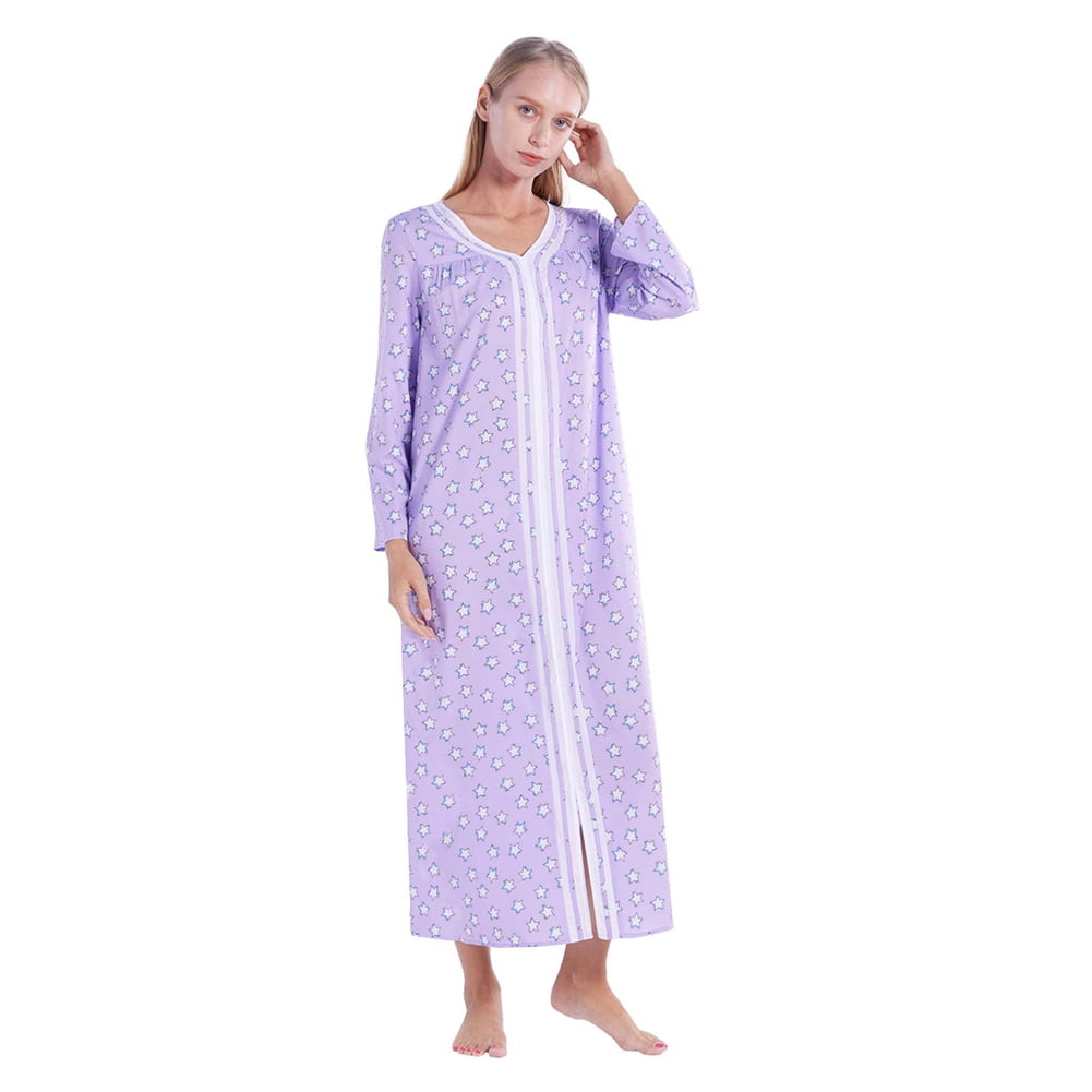 FLMEI Women's Nightgowns V-Neck Sleepwear for Fall Winter Woven Print ...