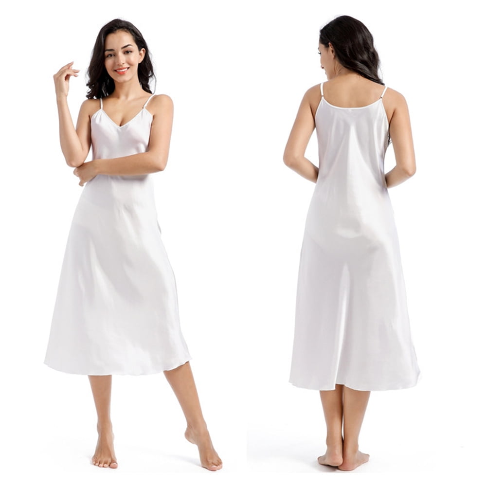 FLMEI Women's Silk Nightgown Sleepwear Adjustable Spaghetti Long ...
