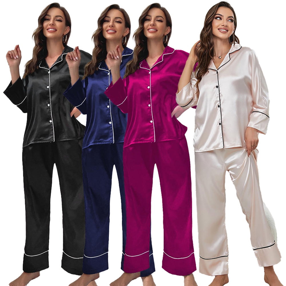 FLMEI Women's Silk Pajamas Set Fall Winter Lightweight Sleepwear Womens ...