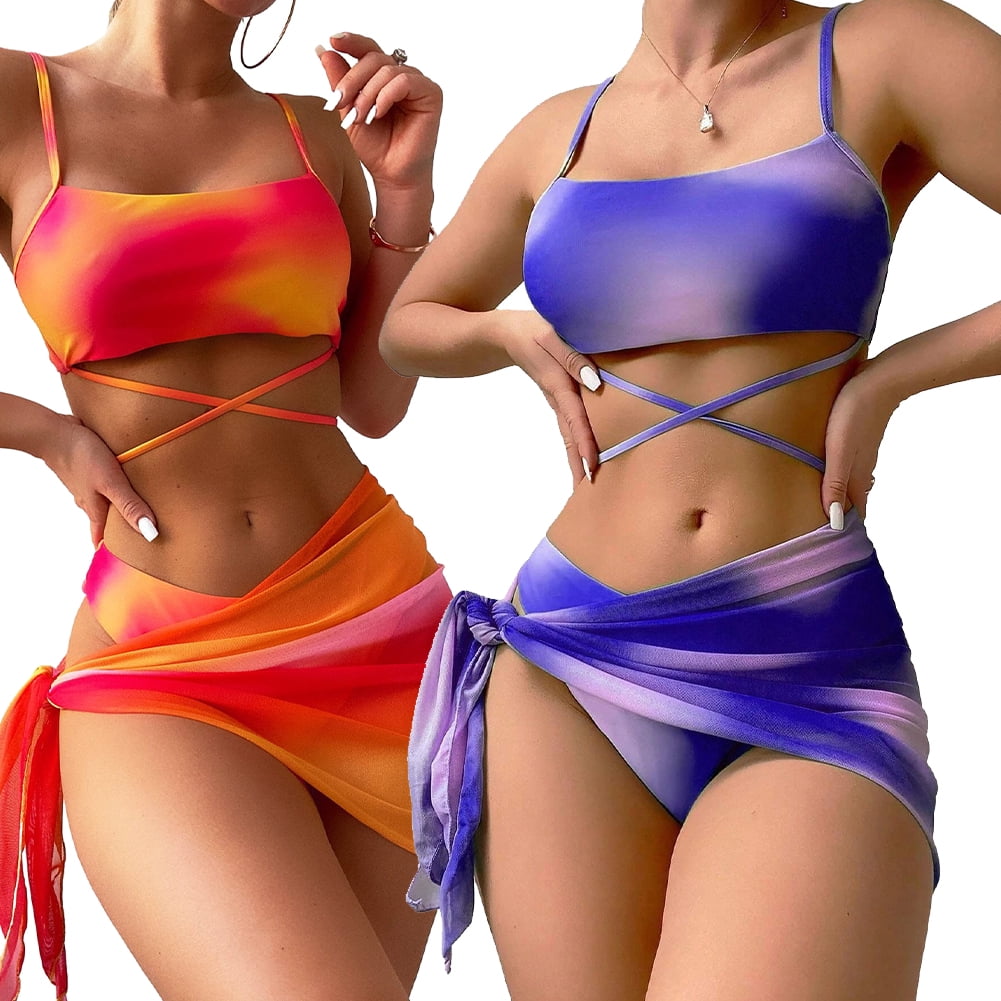 FLMEI Womens 3 Piece Bikini Set Gradient Tie Dye Swimsuits High Cut Bathing Suit with Beach ...