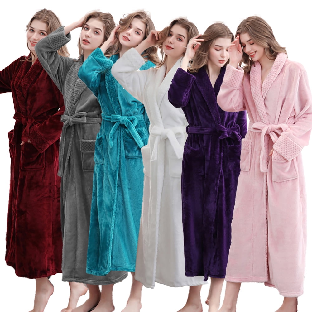 FLMEI Womens Plush Robe Bathrobe Fleece Warm Long Bathrobe Nightgown ...