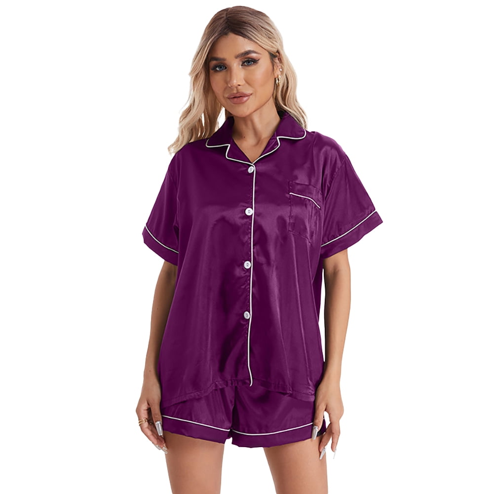 FLMEI Womens Silk Pajamas Pjs Set Short Sleeve Sleepwear Soft Satin ...