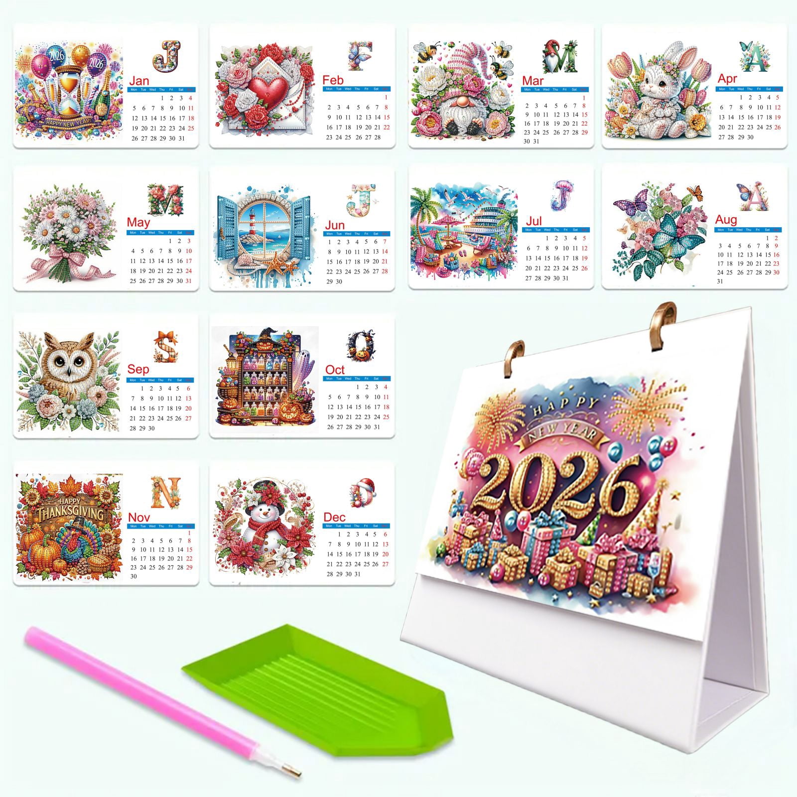 FLOPESN 2026 Desk Calendar DIY Diamond Painting Craft Kit, 9.84*7.48 in ...